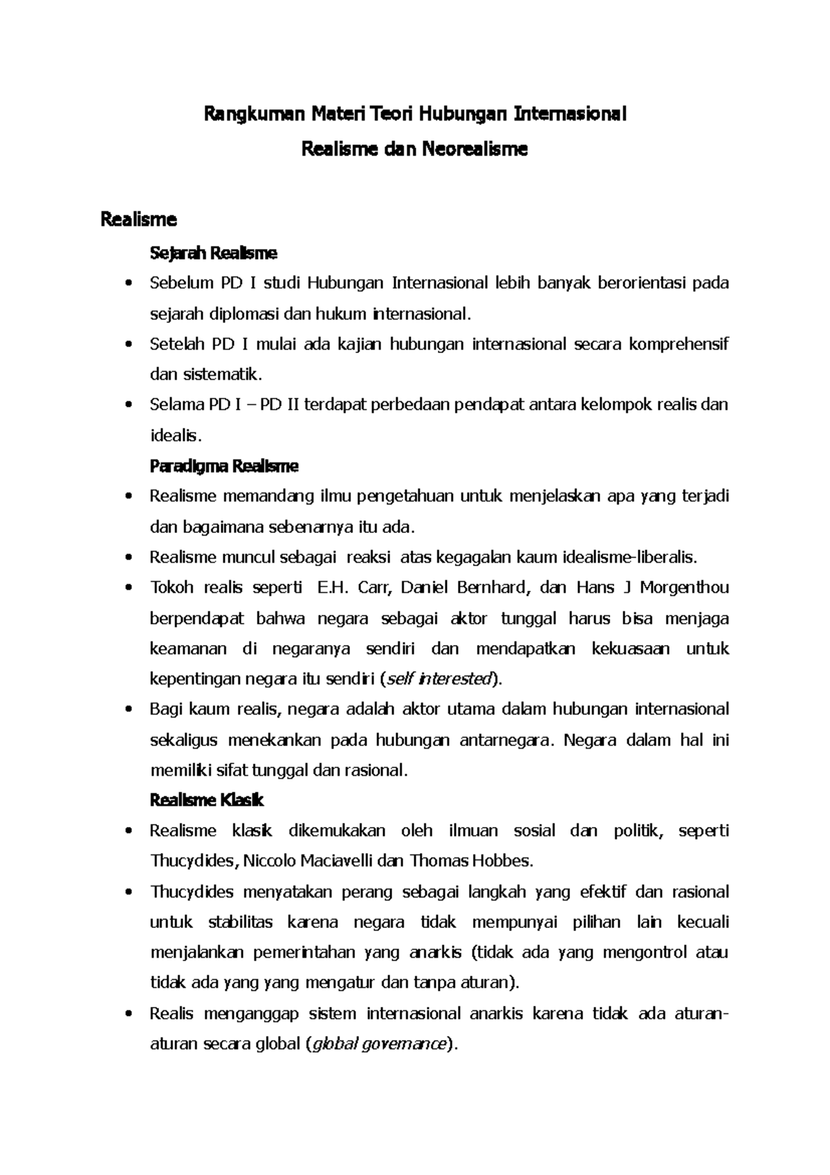 Rangkuman Materi Teori Hubungan Internasional Realisme dan Neorealisme ...