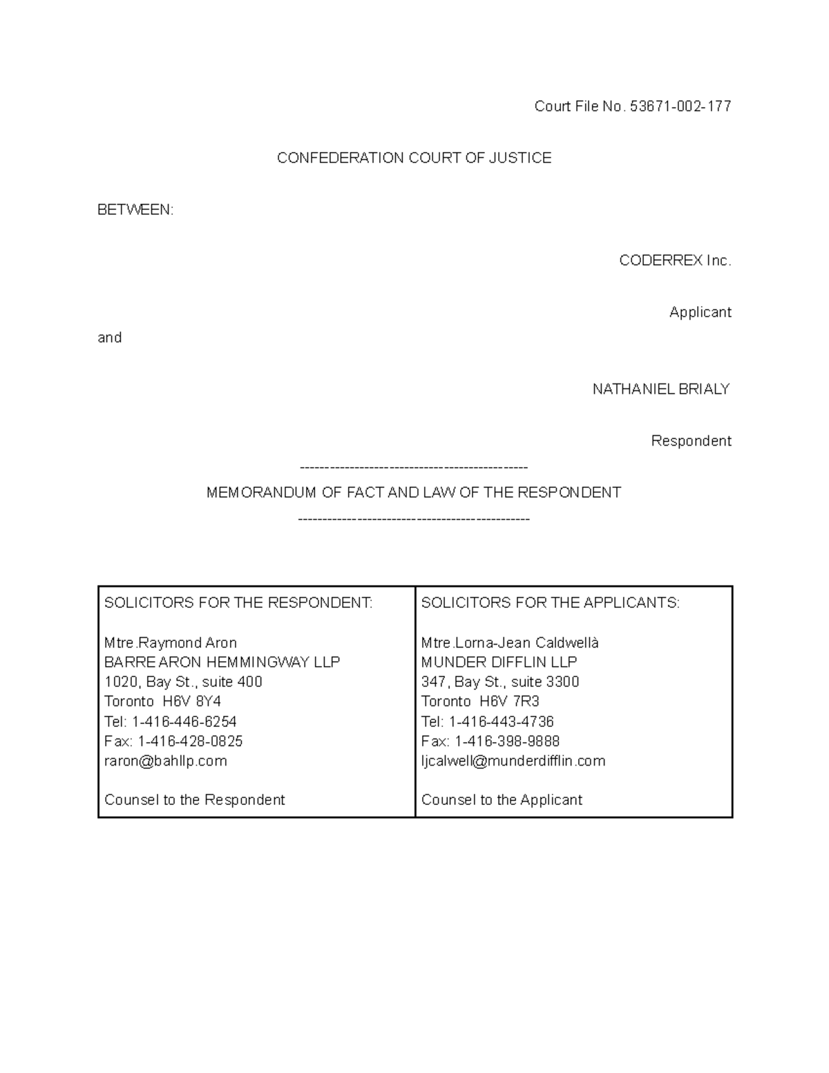 DRT6584 B H21 Factum Applicants - Court File No. 53671-002 ...