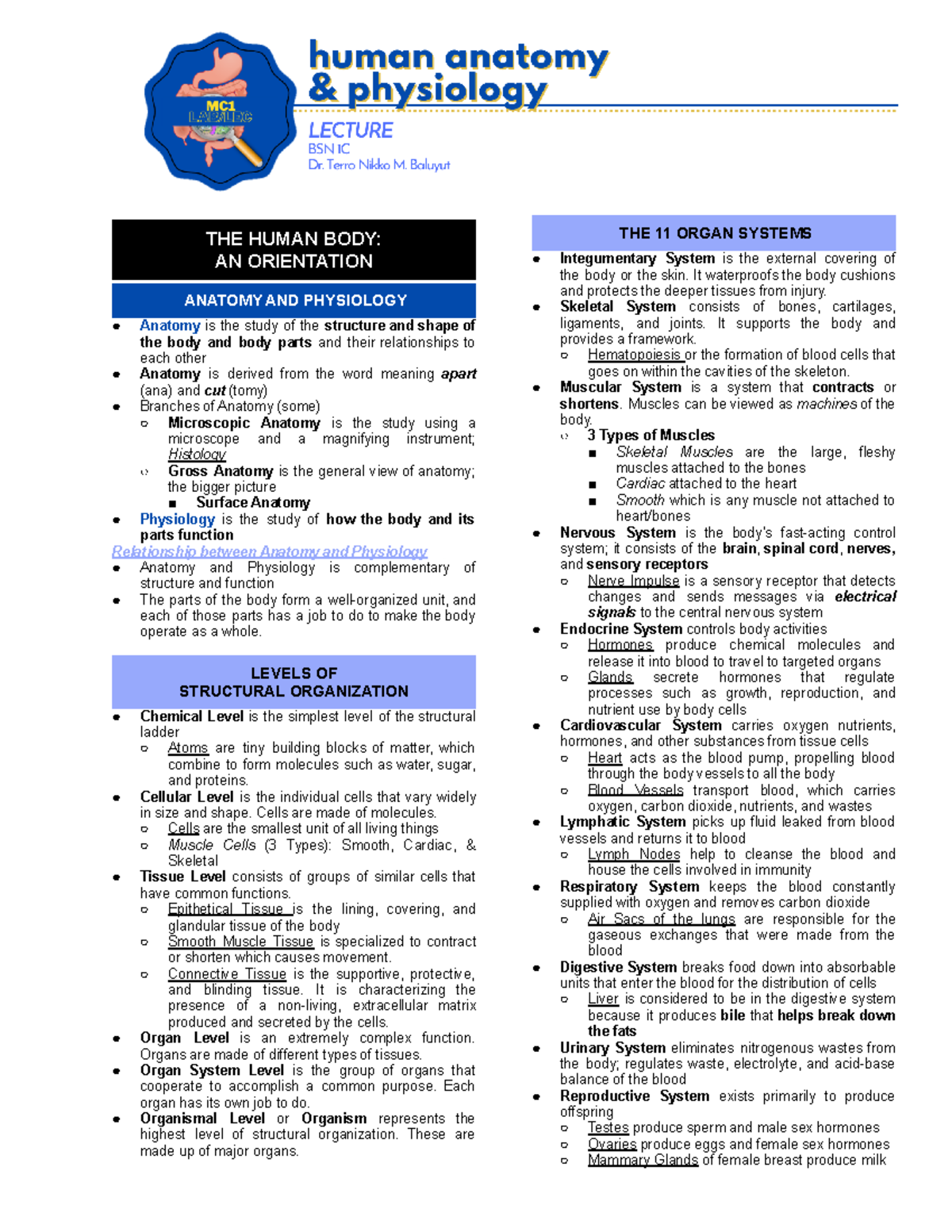 Anaphy- Prelims- Transes - THE HUMAN BODY: AN ORIENTATION ANATOMY AND ...