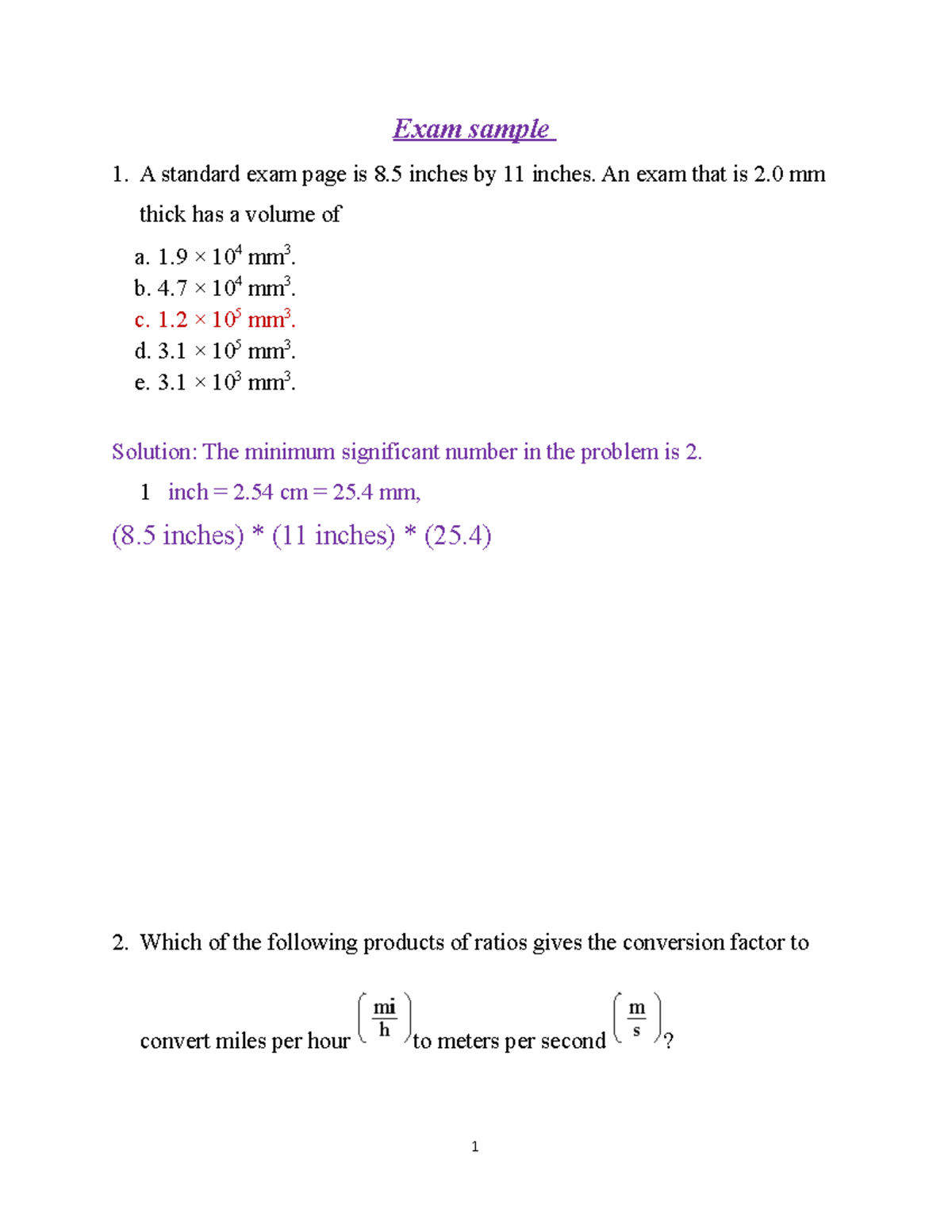 Exam 1 Review phys 1408 - Exam sample A standard exam page is 8 inches ...