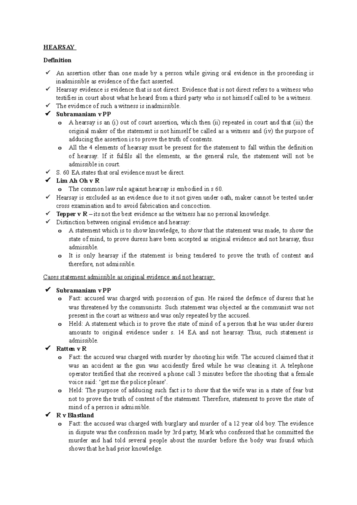 Law of Evidence 1 - Hearsay - HEARSAY Definition An assertion other ...