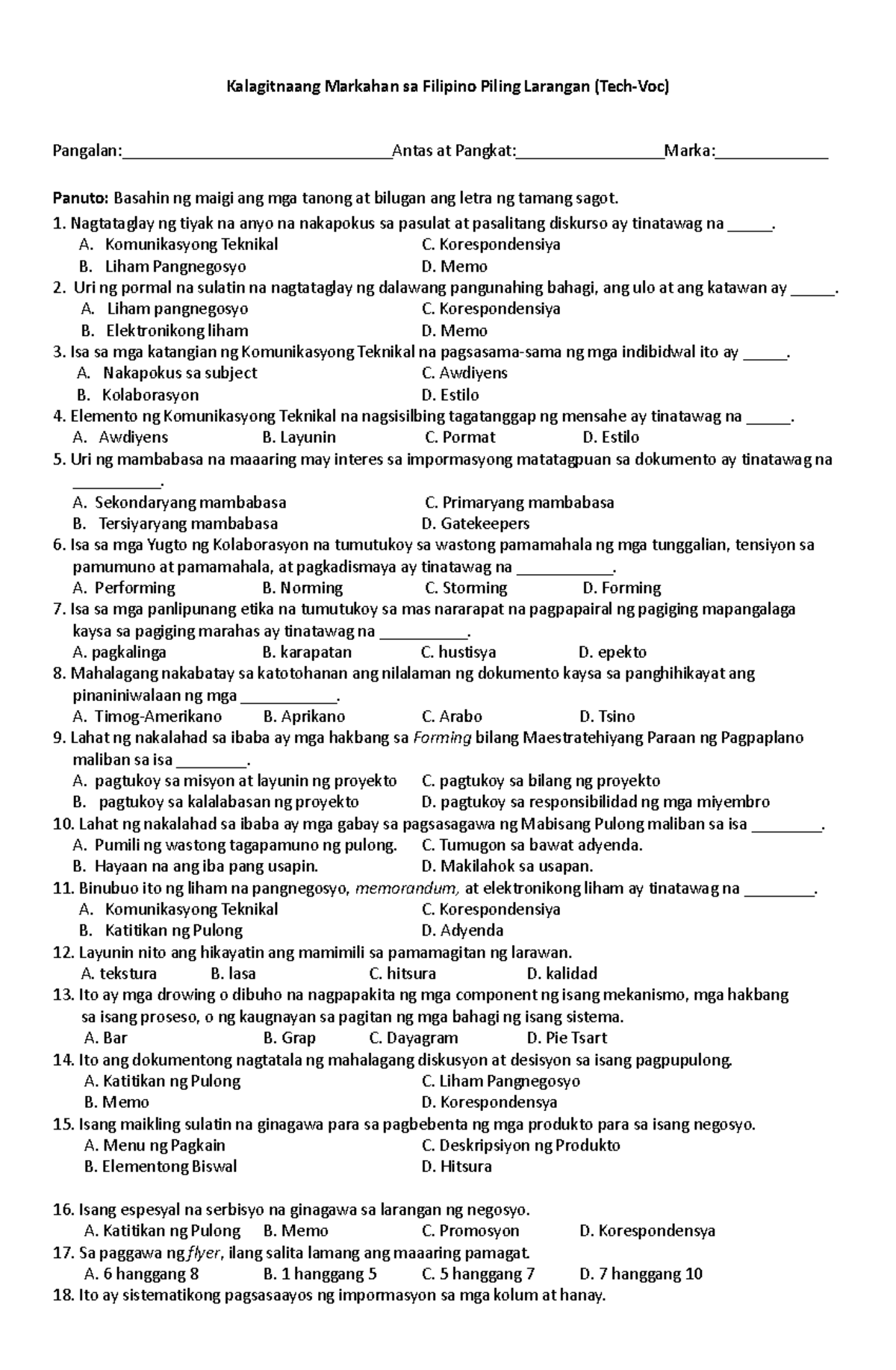Gr-12-Fil- Midterm-EXAM-TECH-VOC - Kalagitnaang Markahan sa Filipino ...
