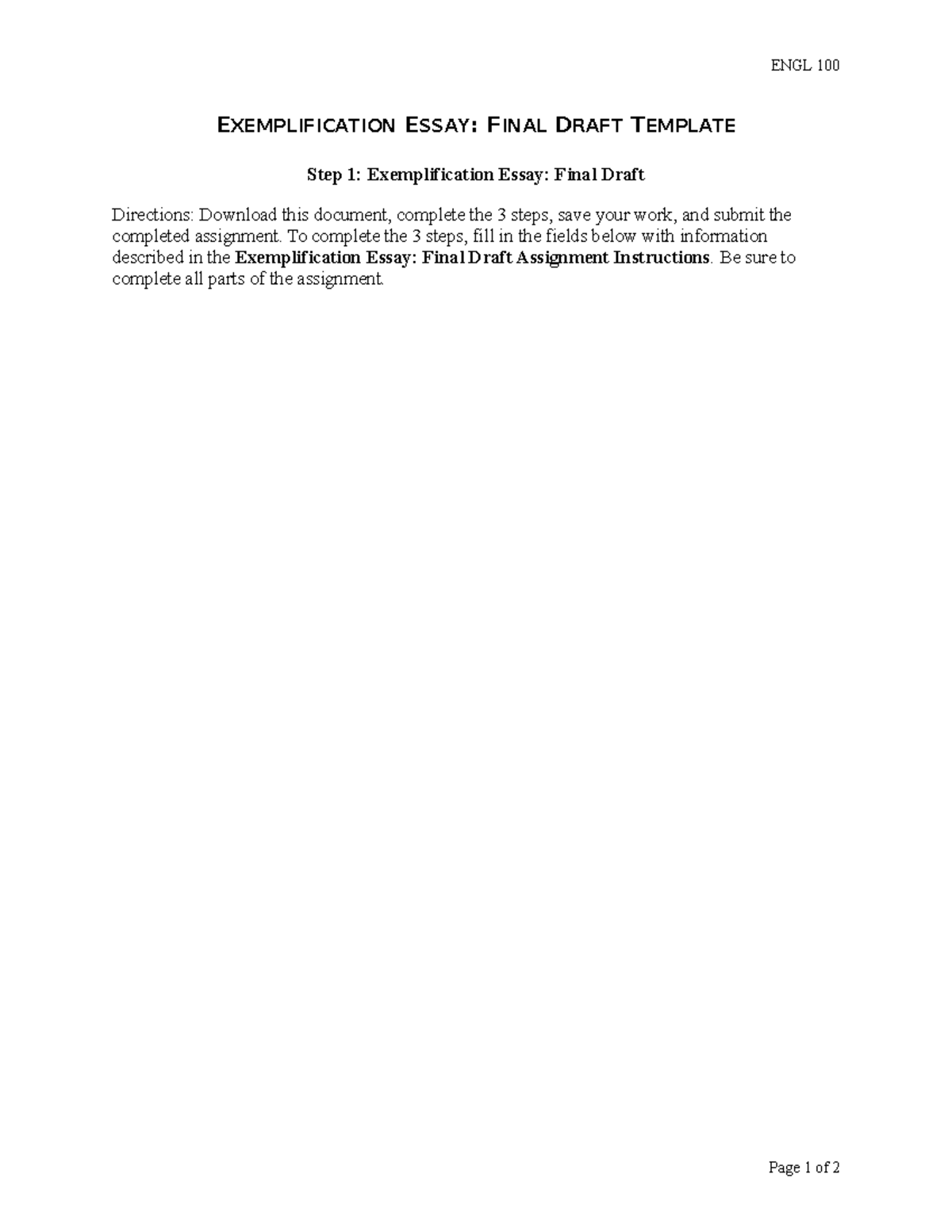 Exemplification Essay Final Draft Template - ENGL 100 - ENGL 100 ...