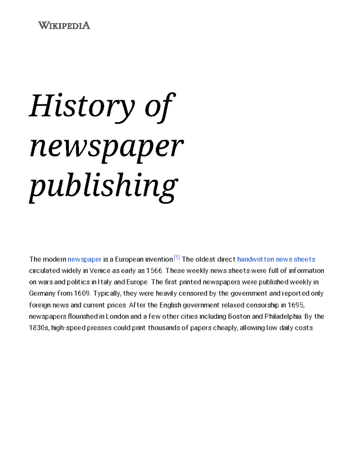 History of newspaper publishing - Wikipedia - History of newspaper ...