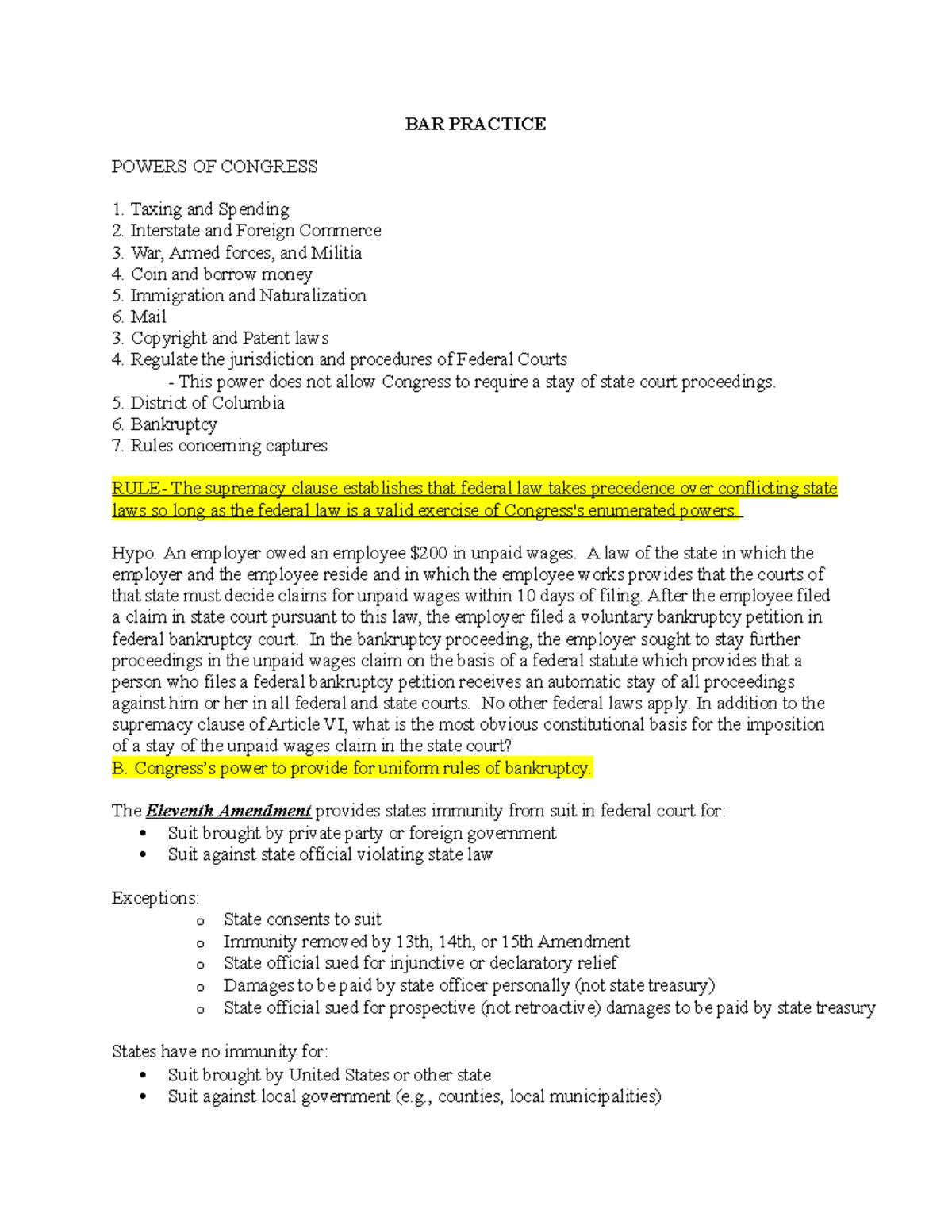 BAR Practice - Bar Con. Outline - BAR PRACTICE POWERS OF CONGRESS Taxing and Spending Interstate ...