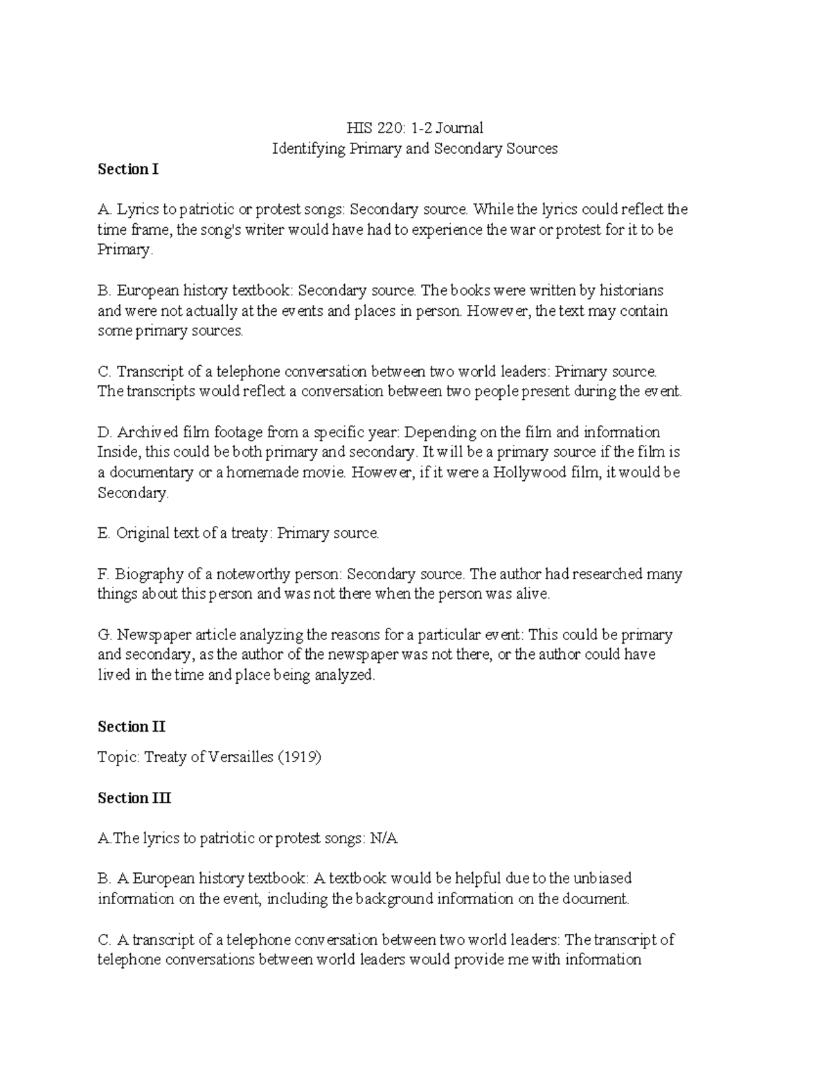 Journal 1 - his-220 - HIS 220: 1-2 Journal Identifying Primary and ...