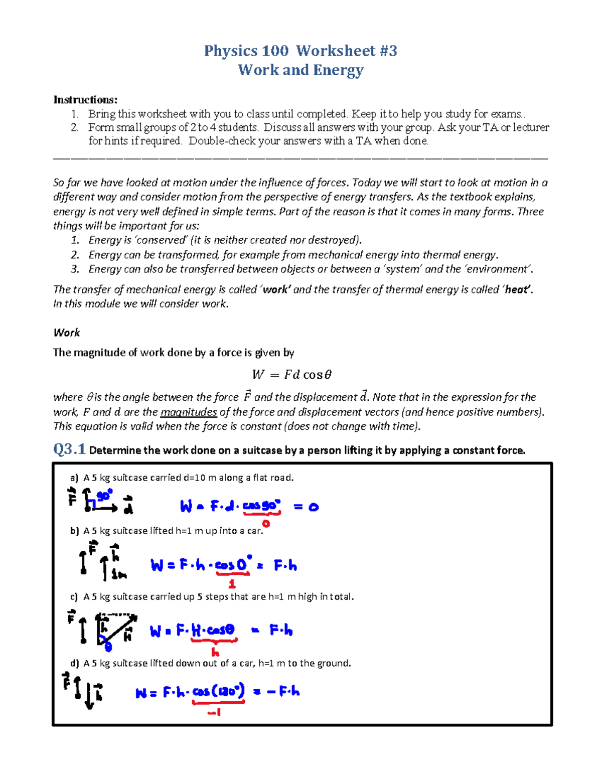 Worksheet 3-Mechanical Energy-2022-Solutions - Physics 100 Worksheet ...