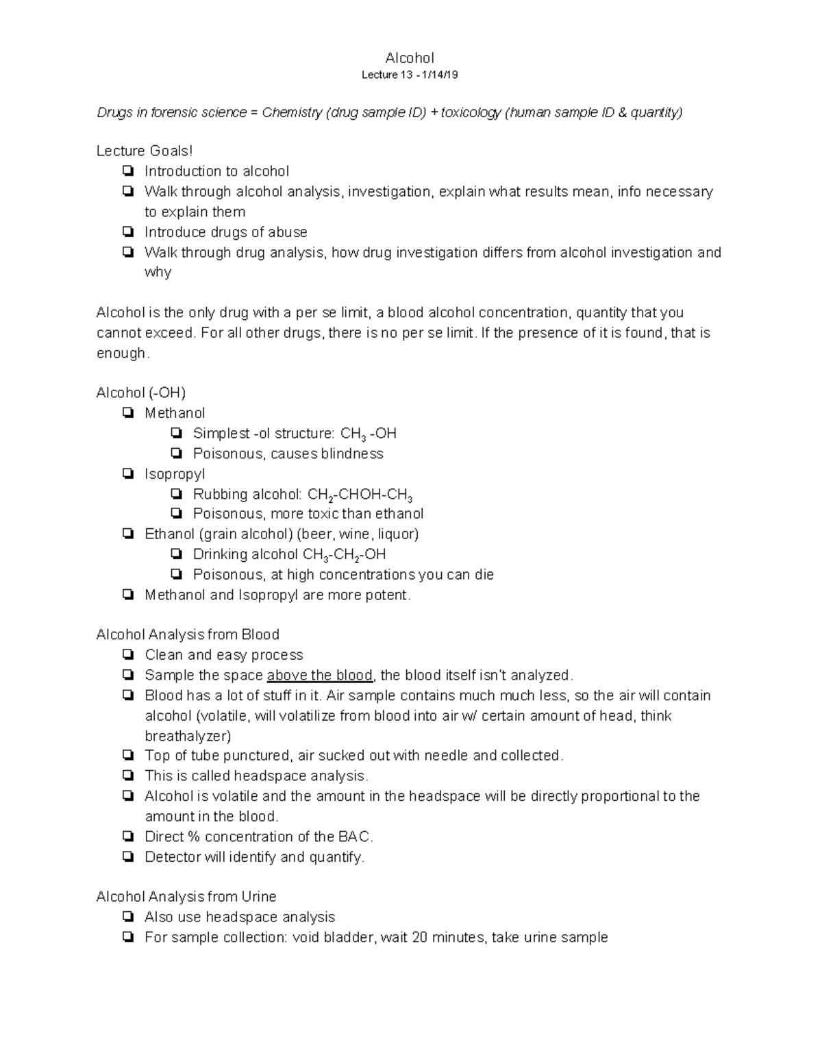 13 & 14 & 15 • Alcohol and Drugs - Alcohol Lecture 13 - 1/14/ Drugs in ...