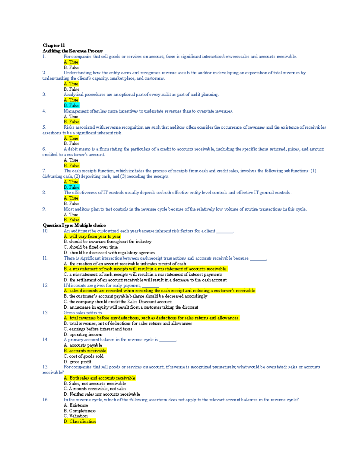 Mc ques - Mc ques - Chapter 11 Auditing the Revenue Process For ...