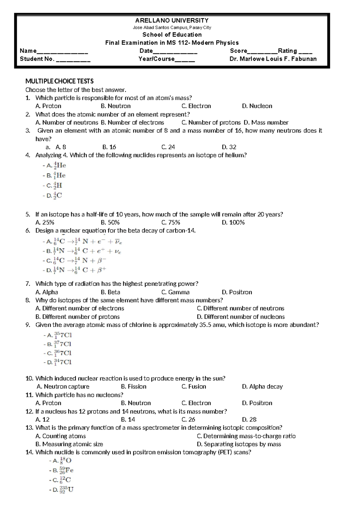 Final-Modern Physics - MULTIPLE CHOICE TESTS Choose the letter of the ...