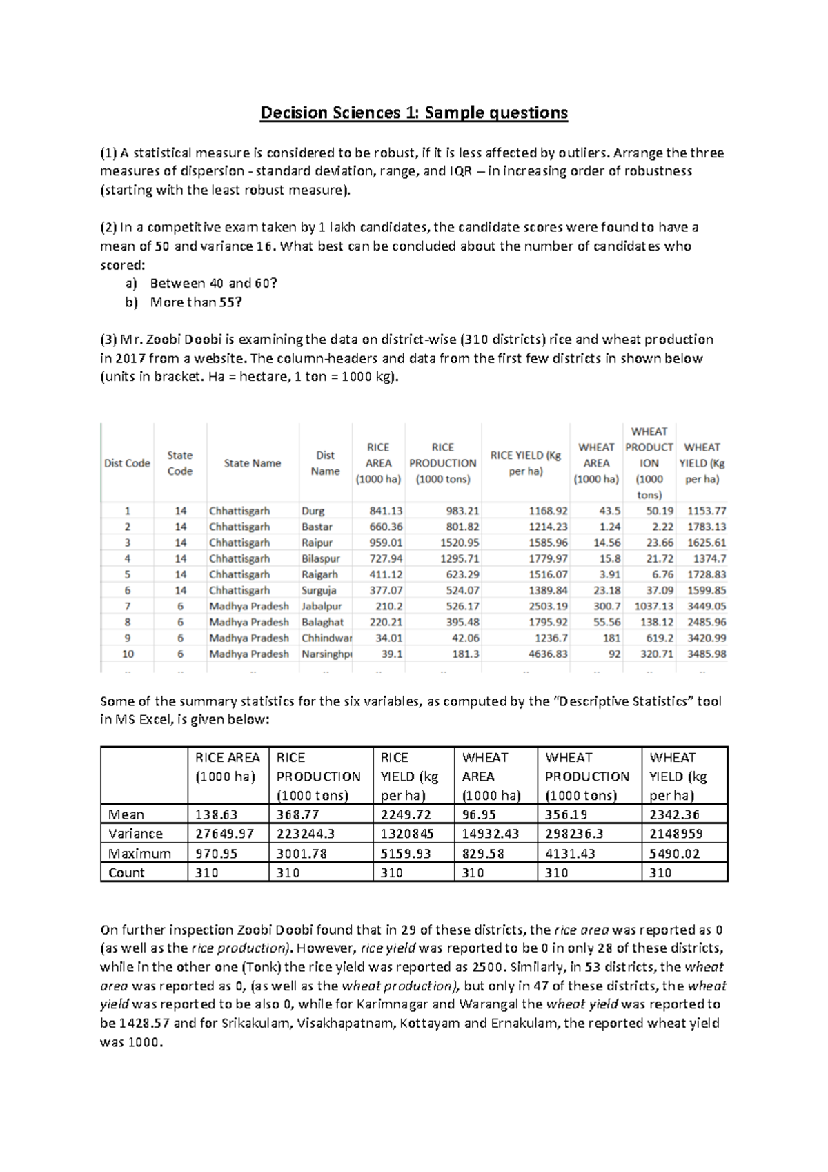 DS1-Sample Questions-Set1 - Decision Sciences 1: Sample questions (1) A ...