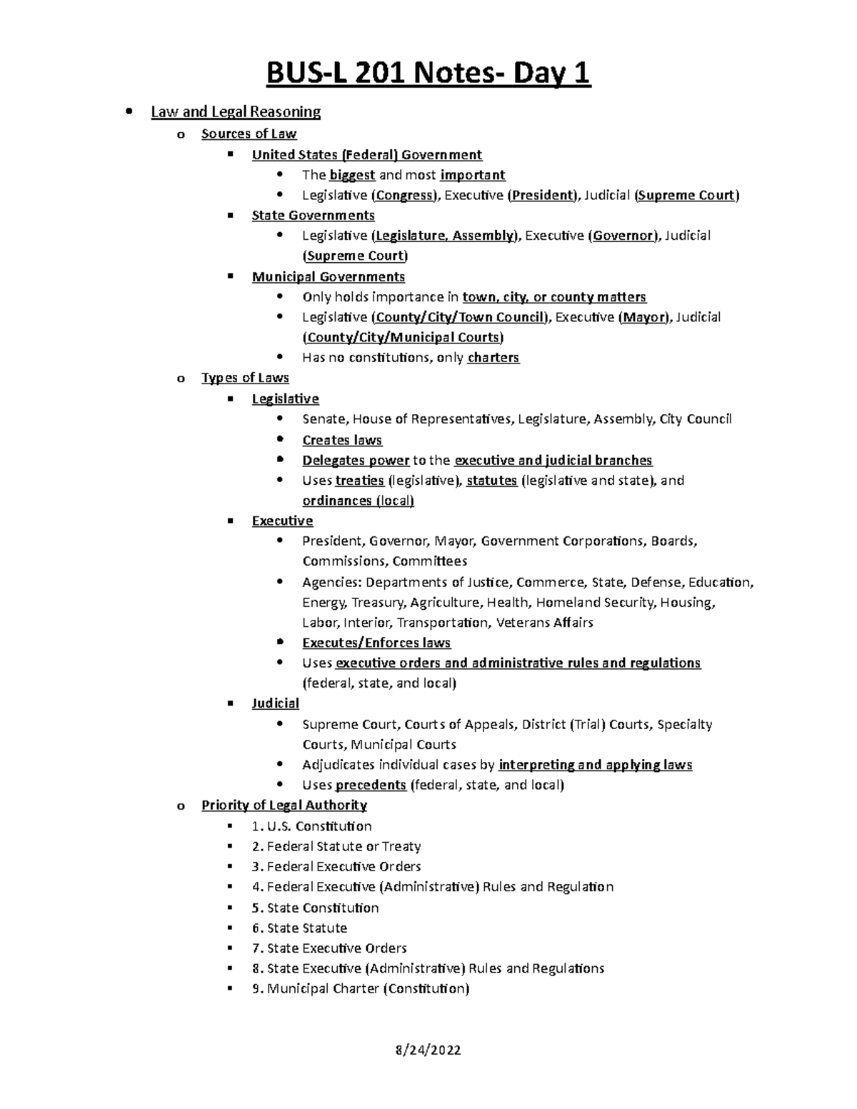 BUS-L 201 Notes- Day 1 - Tim Lemper - BUS-L 201 Notes- Day 1 Law and ...
