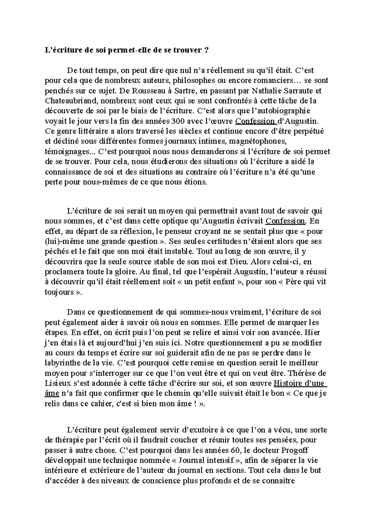 Essai littéraire - L'écriture de soi permet-elle de se trouver - L’écriture de soi permet-elle ...