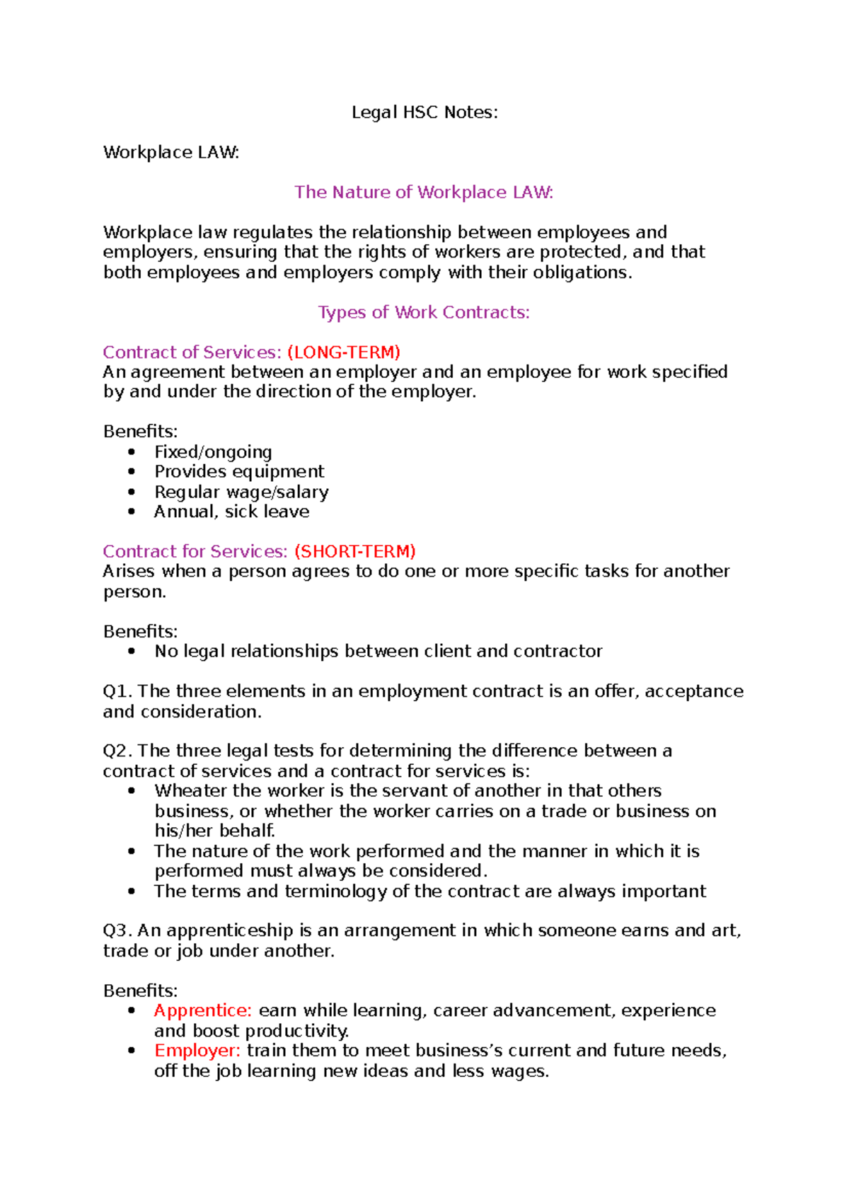 Legal HSC Notes - Workplace Law - Legal HSC Notes: Workplace LAW: The ...