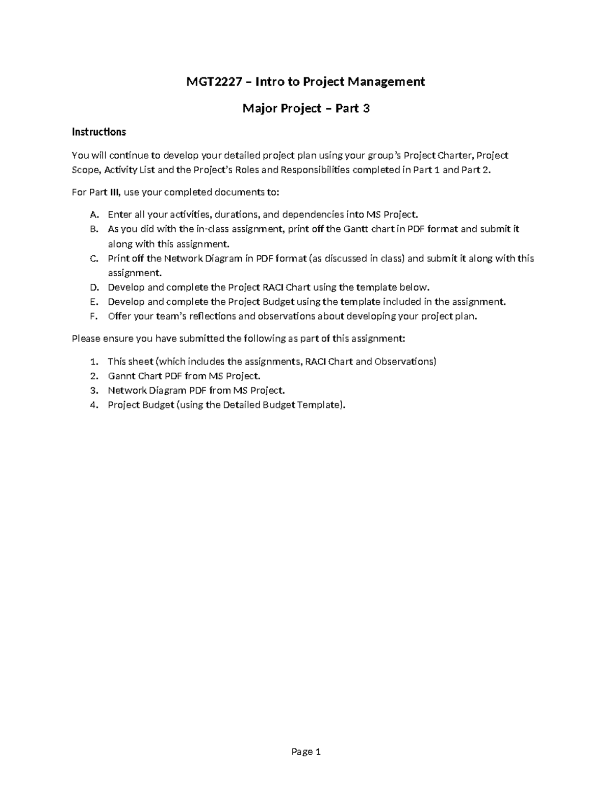 Major Project Part 3 - MGT2227 – Intro to Project Management Major ...