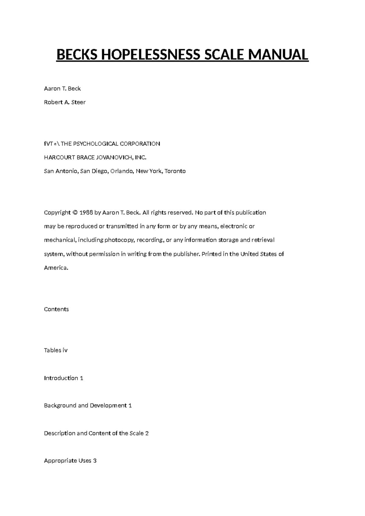 Becks Hoplessness Scale - BECKS HOPELESSNESS SCALE MANUAL Aaron T. Beck ...