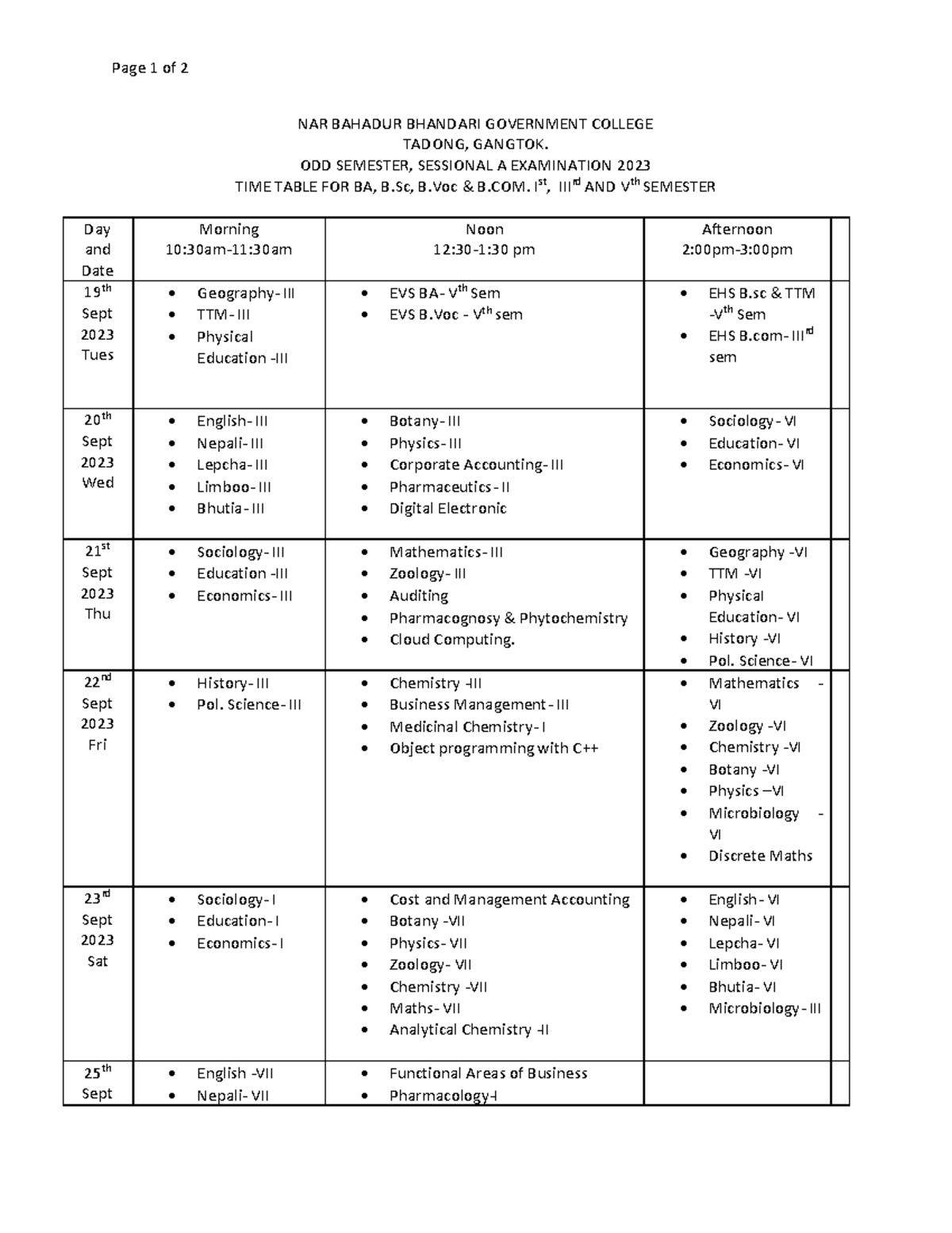 Timetable for Sessional A Odd semester 2023 - Page 1 of 2 NAR BAHADUR ...