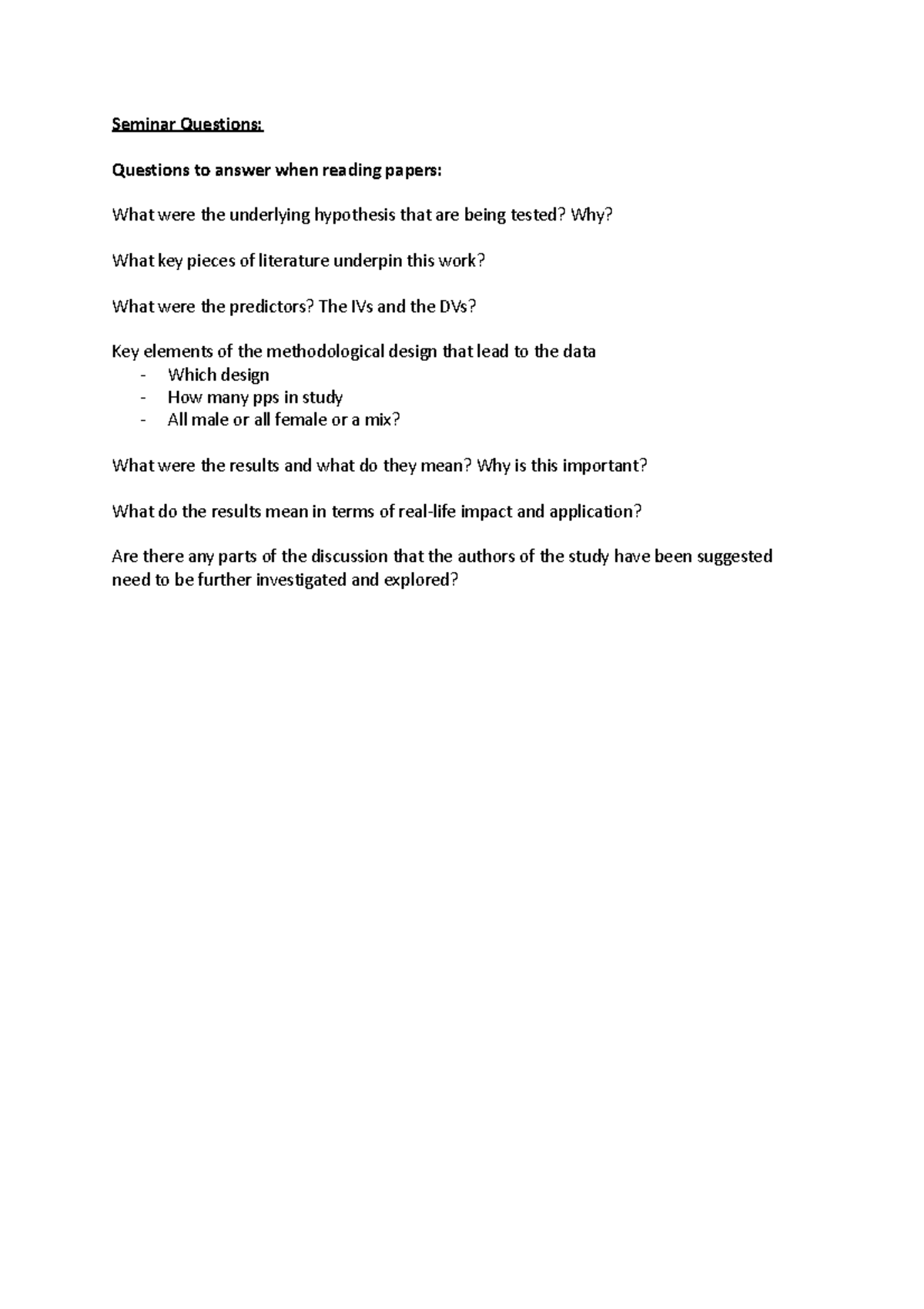 Seminar Questions - Seminar Questions: Questions to answer when reading ...