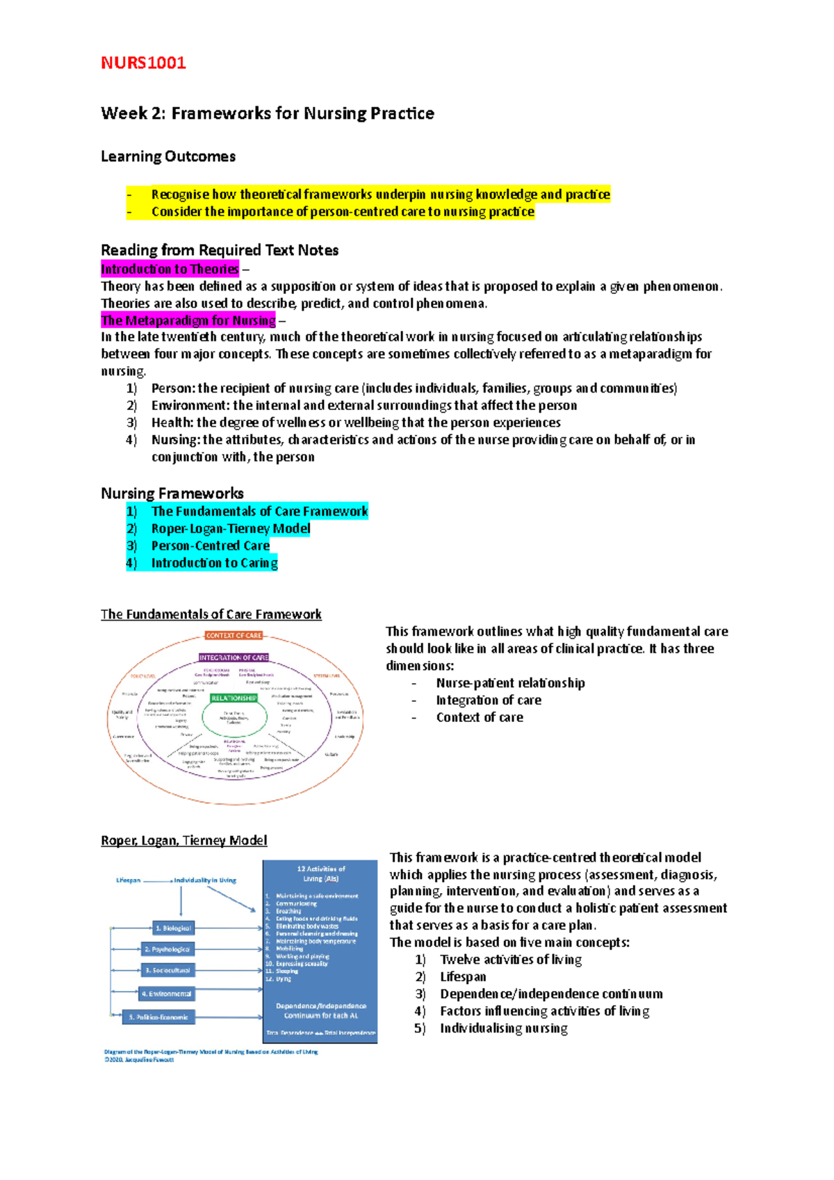 Frameworks for Nursing Practice Summary - NURS Week 2: Frameworks for ...