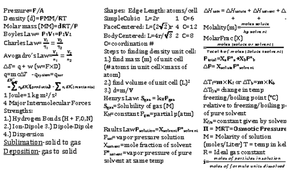 Chemistry Midterm 1 Notecard - Pressure=F/A Density (d) =PMM/RT Molar ...