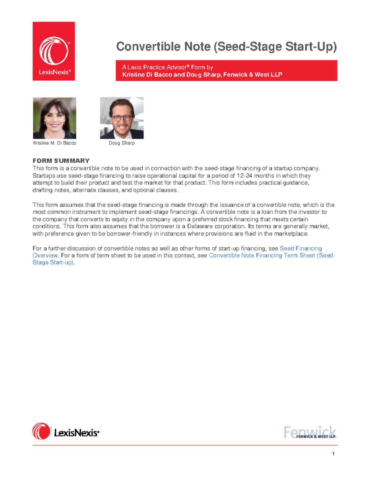 Convertible Note Seed Stage Startup - A Lexis Practice Advisor® Form by ...