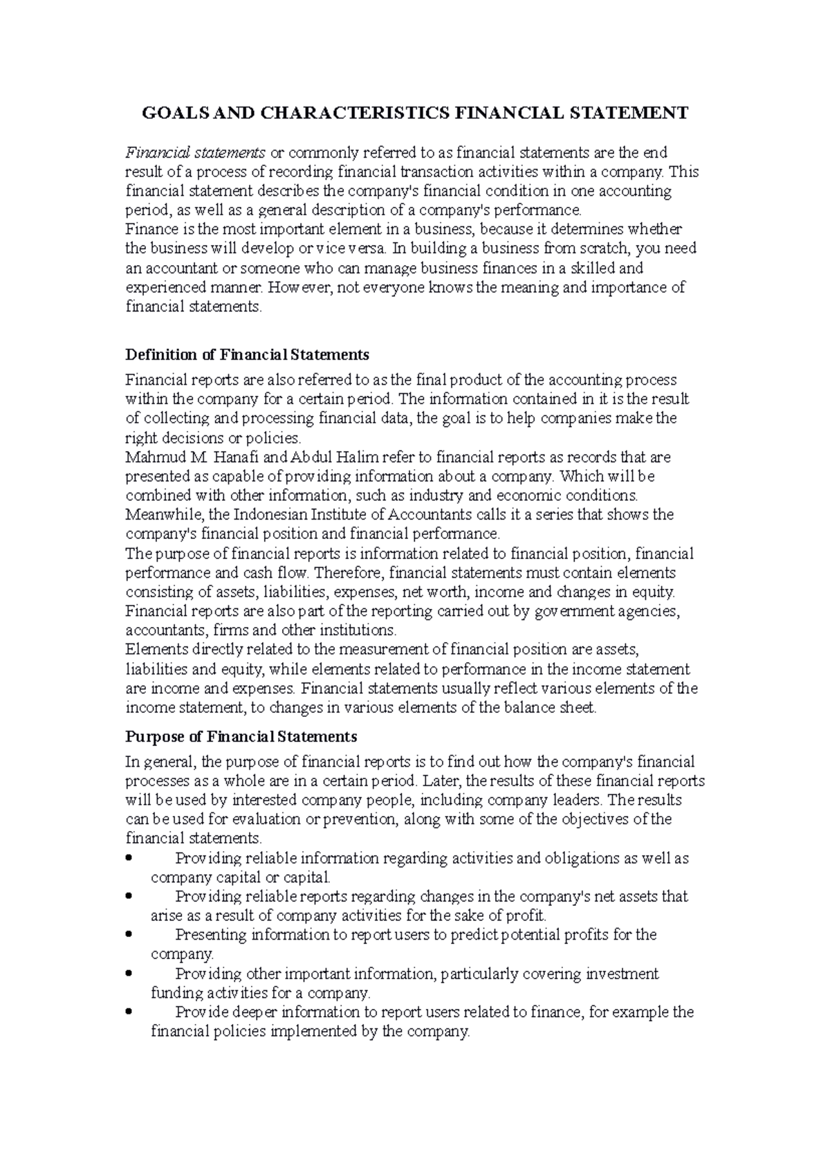 Goals AND Characteristics Financial Statement - GOALS AND ...