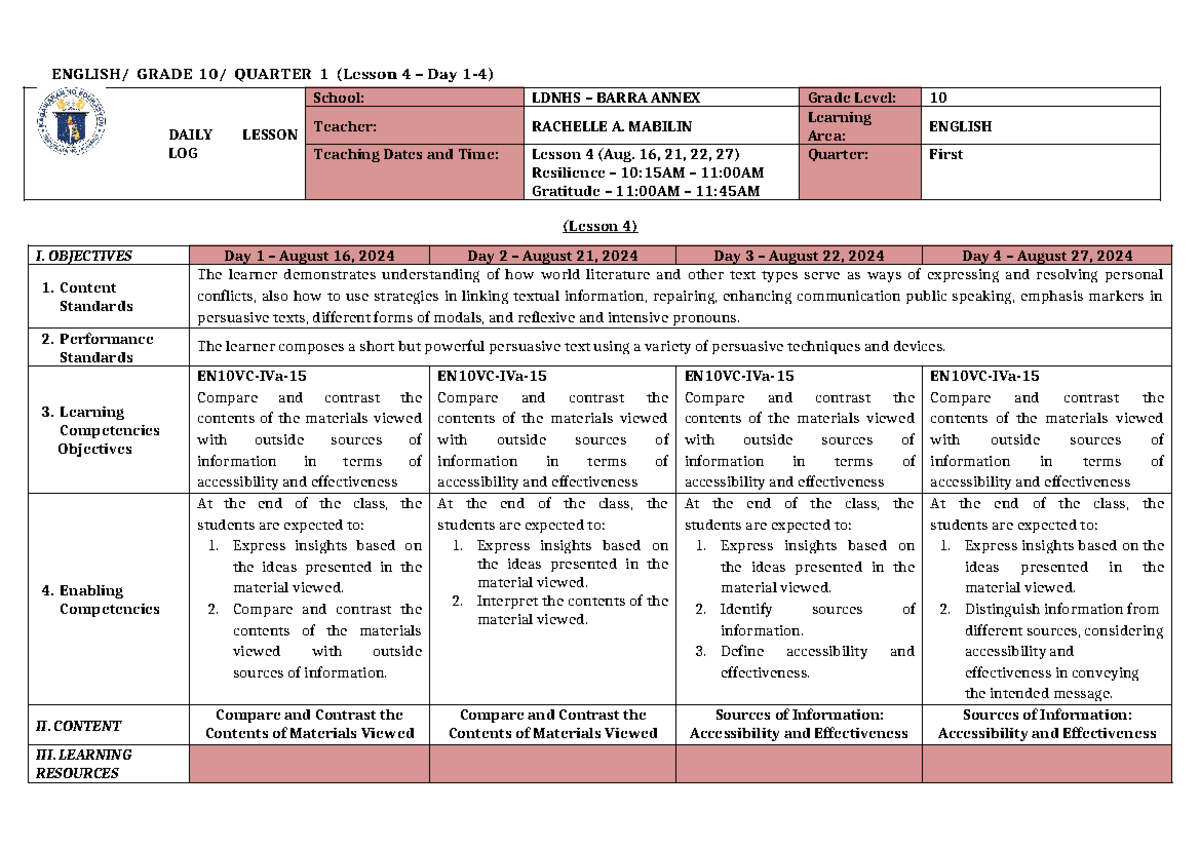 Compare and Contrast the Contents of Materials Viewed - ENGLISH/ GRADE ...