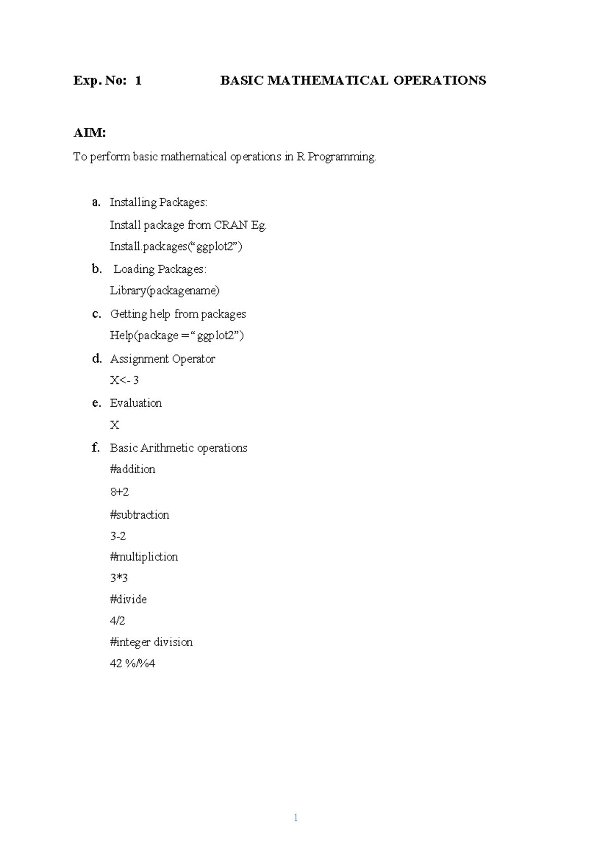 Exp 1& 2 - lab programs - Exp. No: 1 BASIC MATHEMATICAL OPERATIONS AIM ...