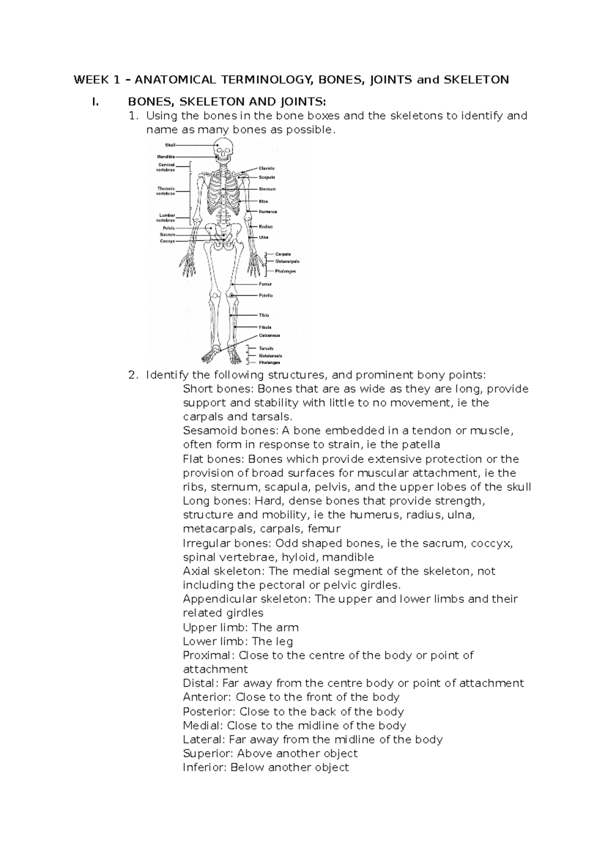 Anatomy Lab summary - WEEK 1 ANATOMICAL TERMINOLOGY, BONES, JOINTS and ...