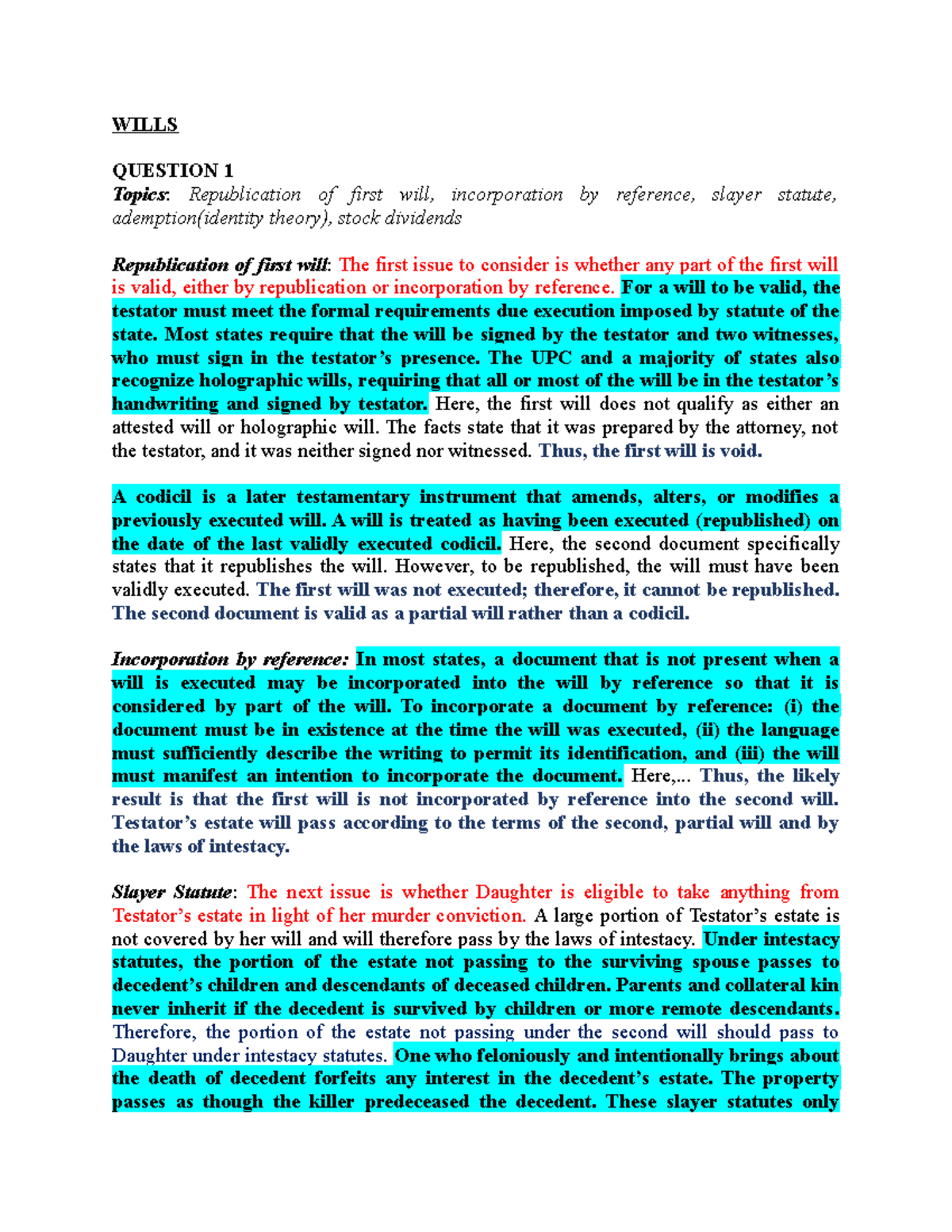 Wills Essays - WILLS QUESTION 1 Topics: Republication of first will ...