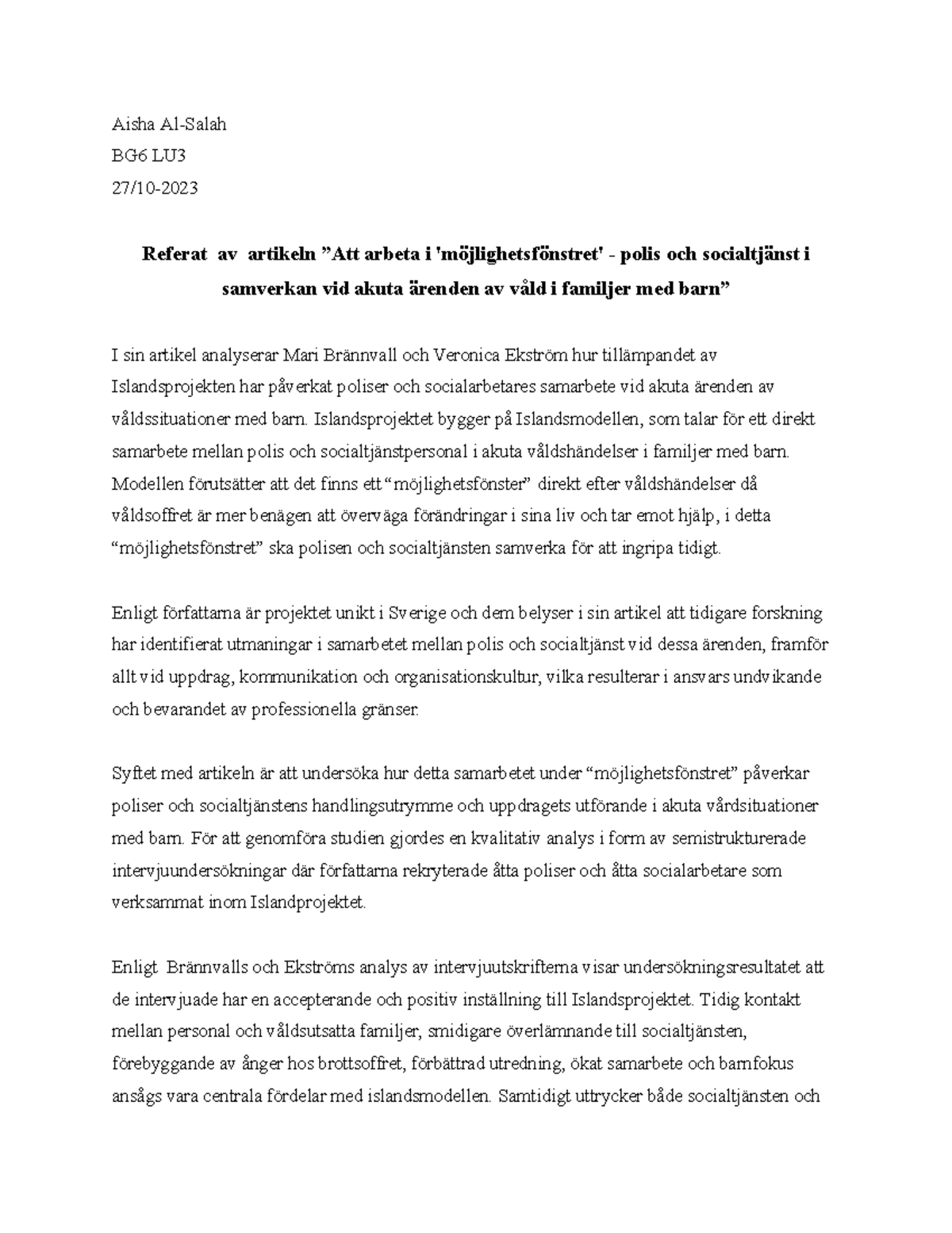 Referat på en vetenskaplig text - Aisha Al-Salah BG6 LU 27/10- Referat ...