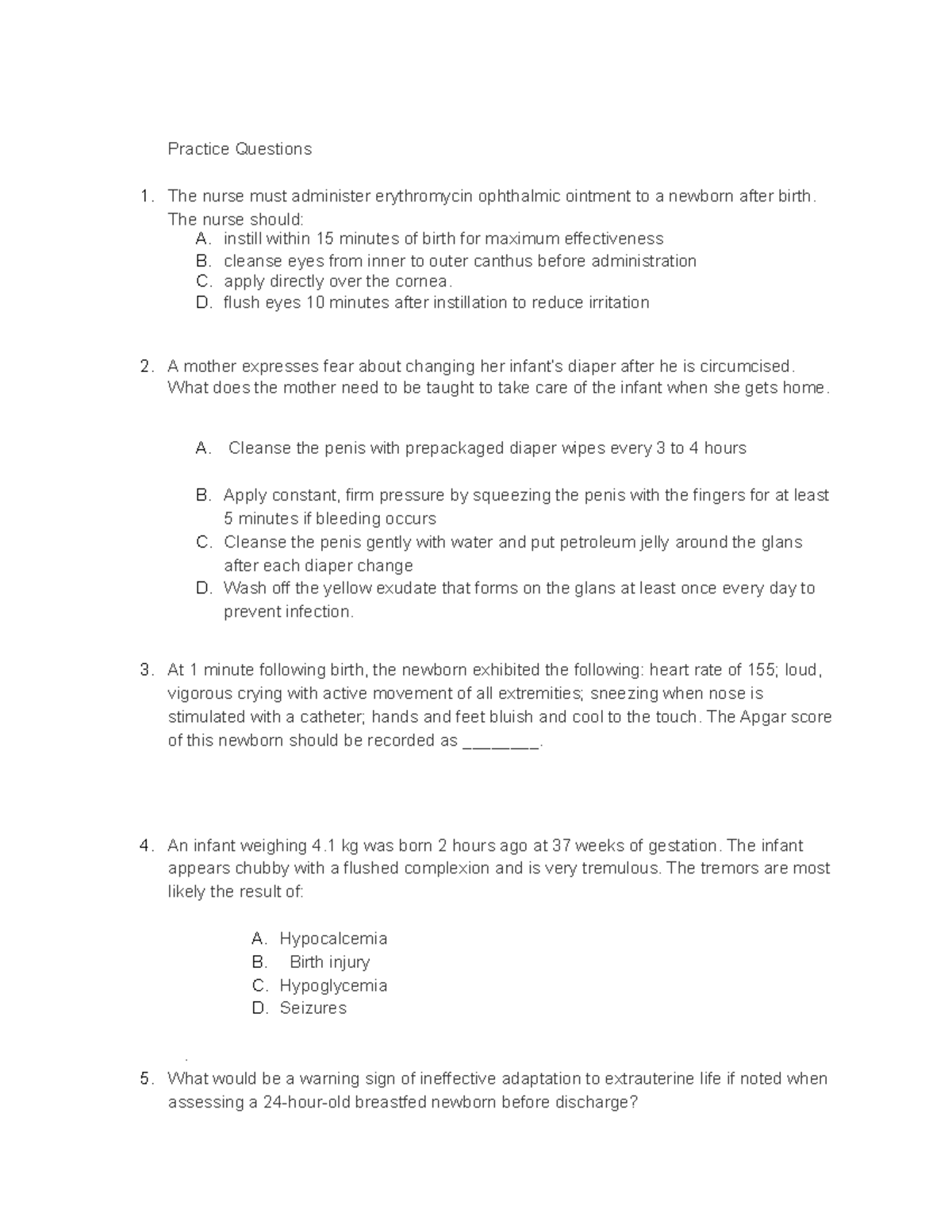 Post Partum Newborn Practice Questions -Answers 2022 - Deprecated API ...