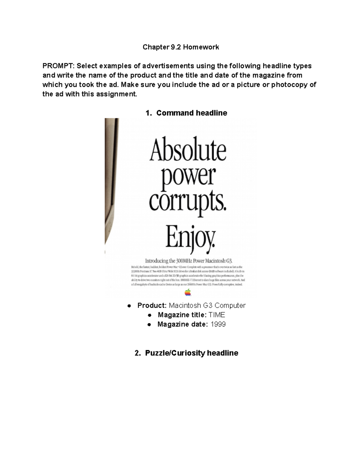 COMMS 230 Chapter 9 2 Advertising Headlines - Chapter 9 Homework PROMPT: Select examples of ...