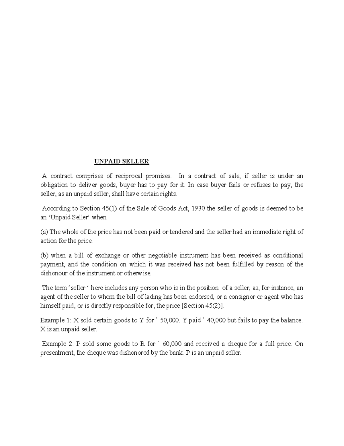 BL ist sem8 - Business Law part 3 - UNPAID SELLER A contract comprises ...