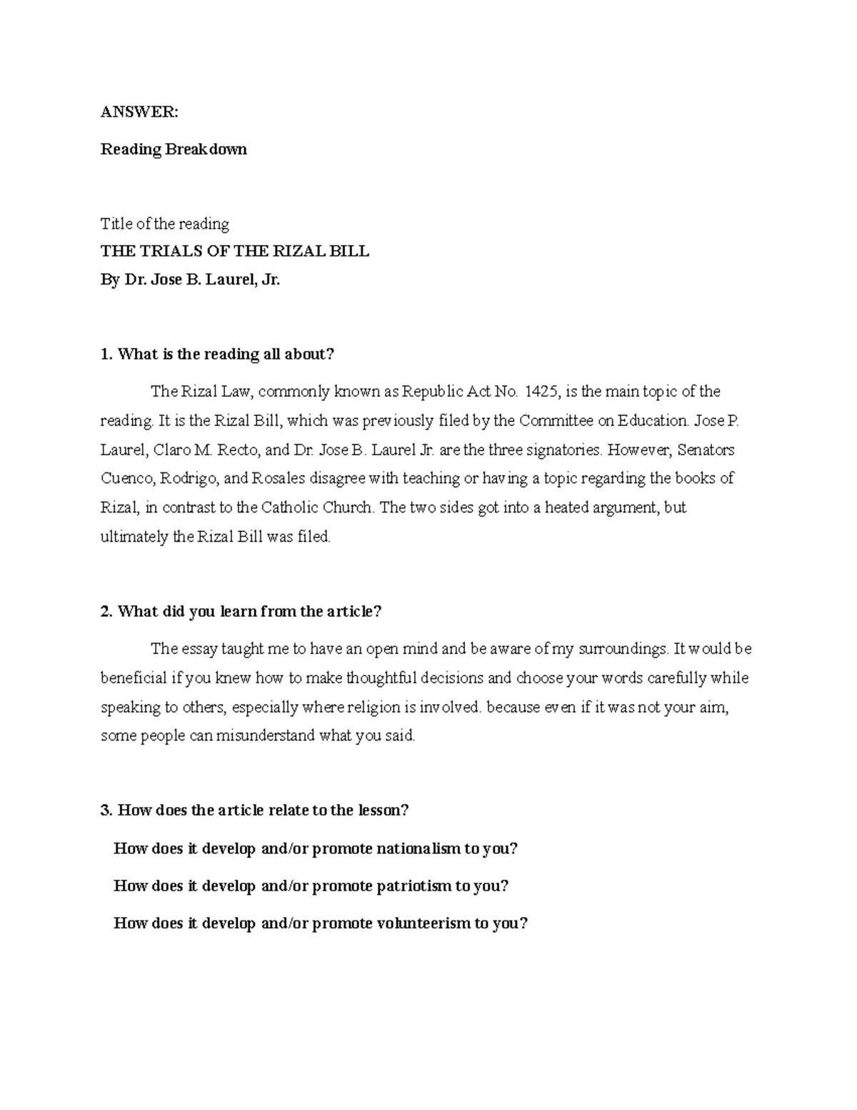01 Worksheet 1A - 01 The Rizal Law and its Significance to the ...