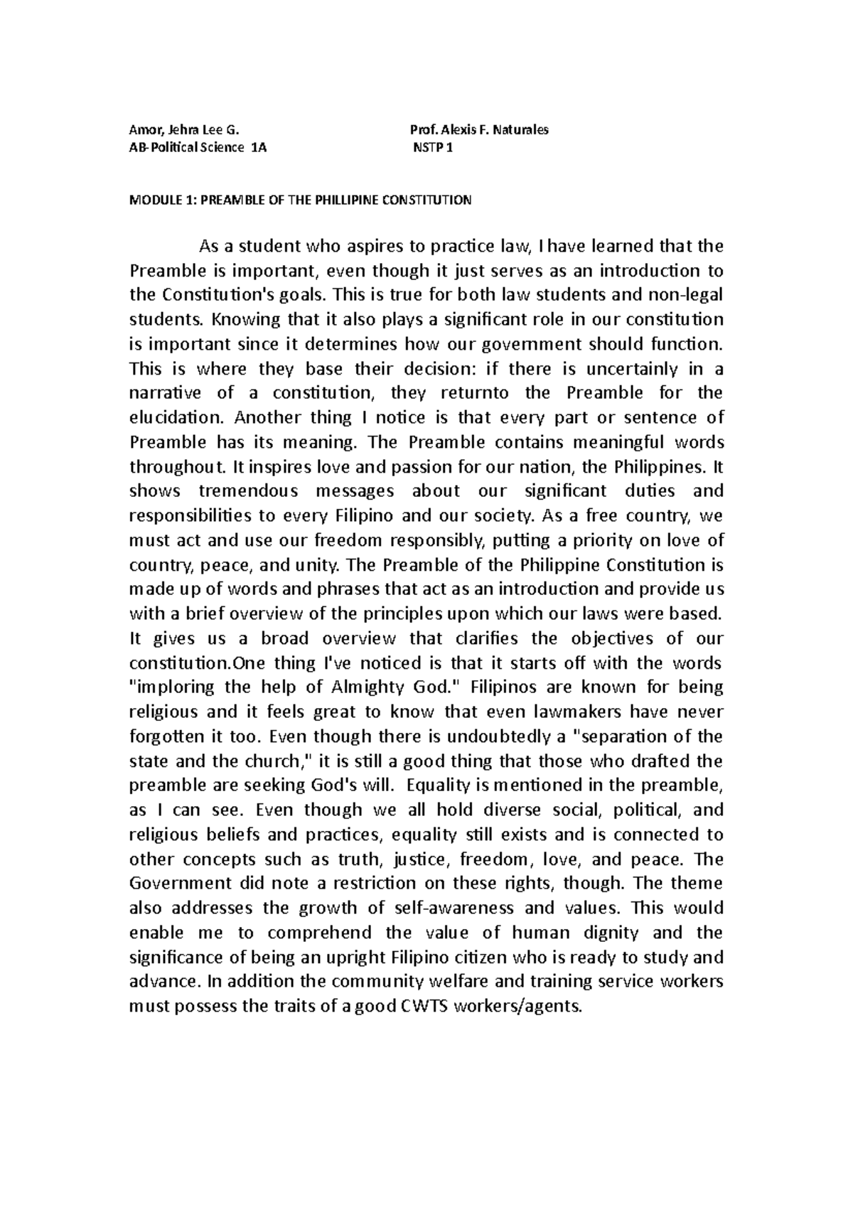 Module 1 Preamble OF Philippine Constitution NSTP 1 - Amor, Jehra Lee G ...