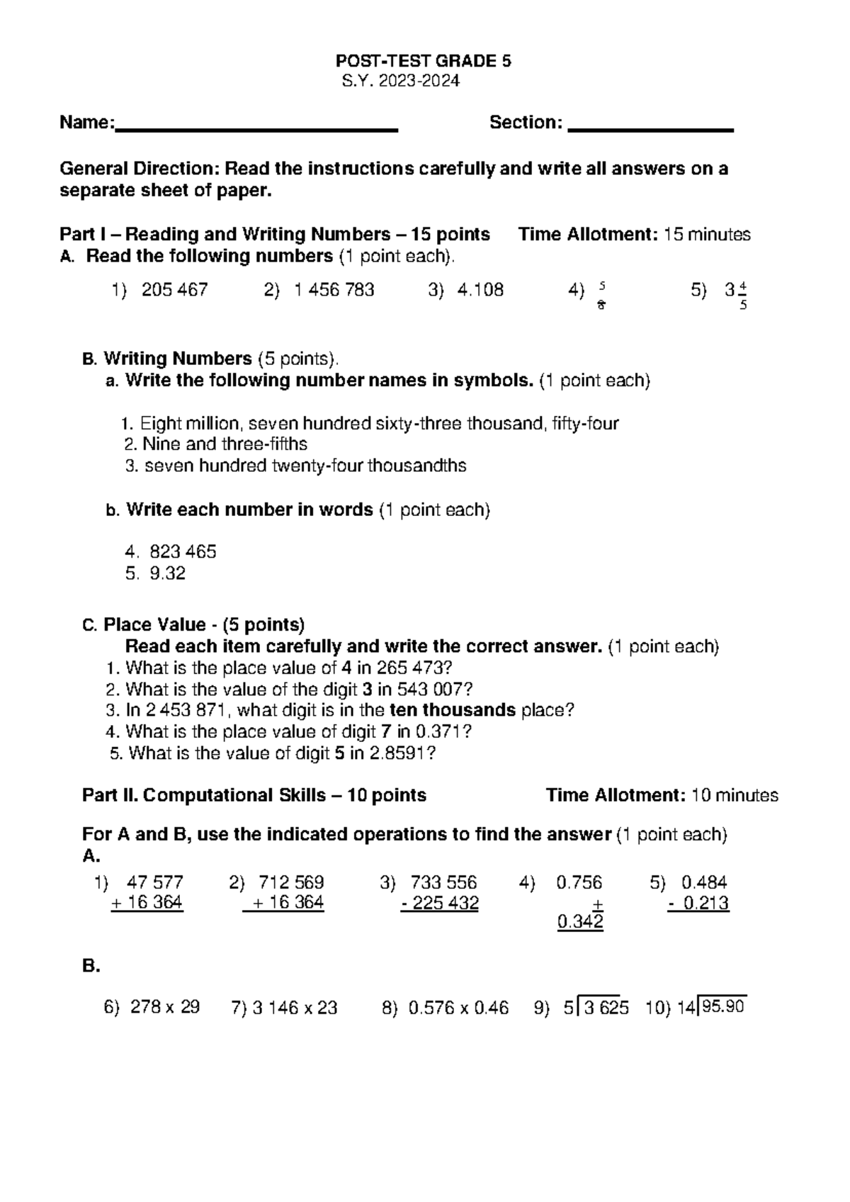 Grade 5 Project AN Assessment TOOL (POST TEST) - POST-TEST GRADE 5 S ...