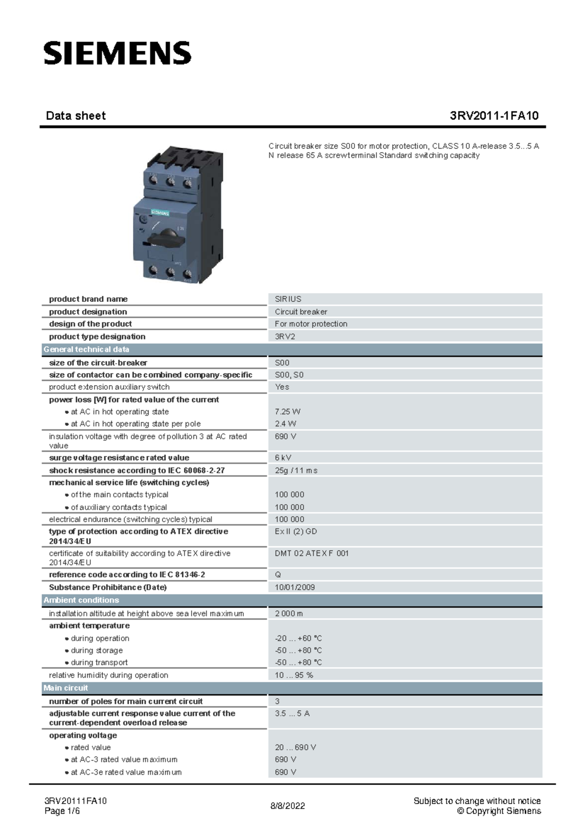 3RV2011 1 FA10 datasheet en - Data sheet 3RV2011-1FA Circuit breaker ...
