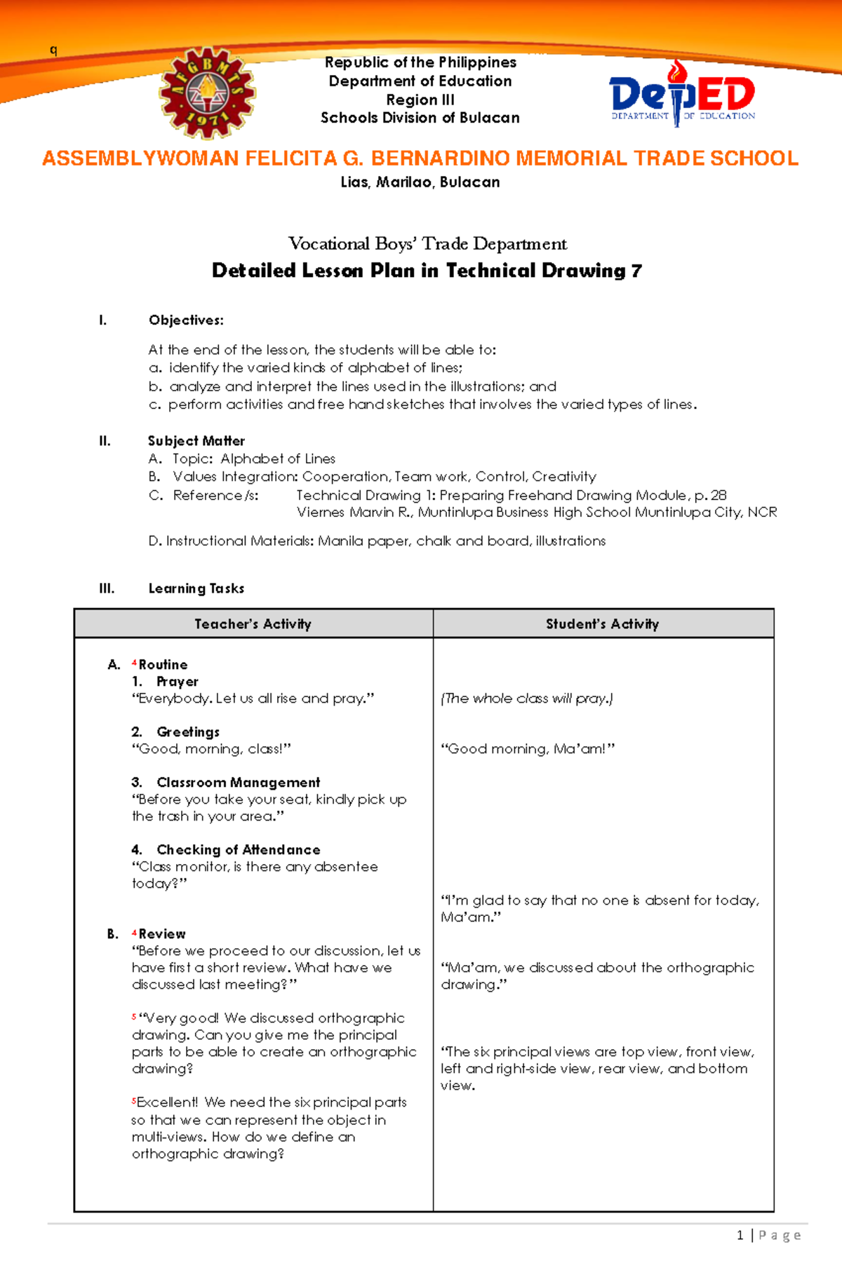 lesson plan in drafting - q Vocational Boys’ Trade Department Detailed ...