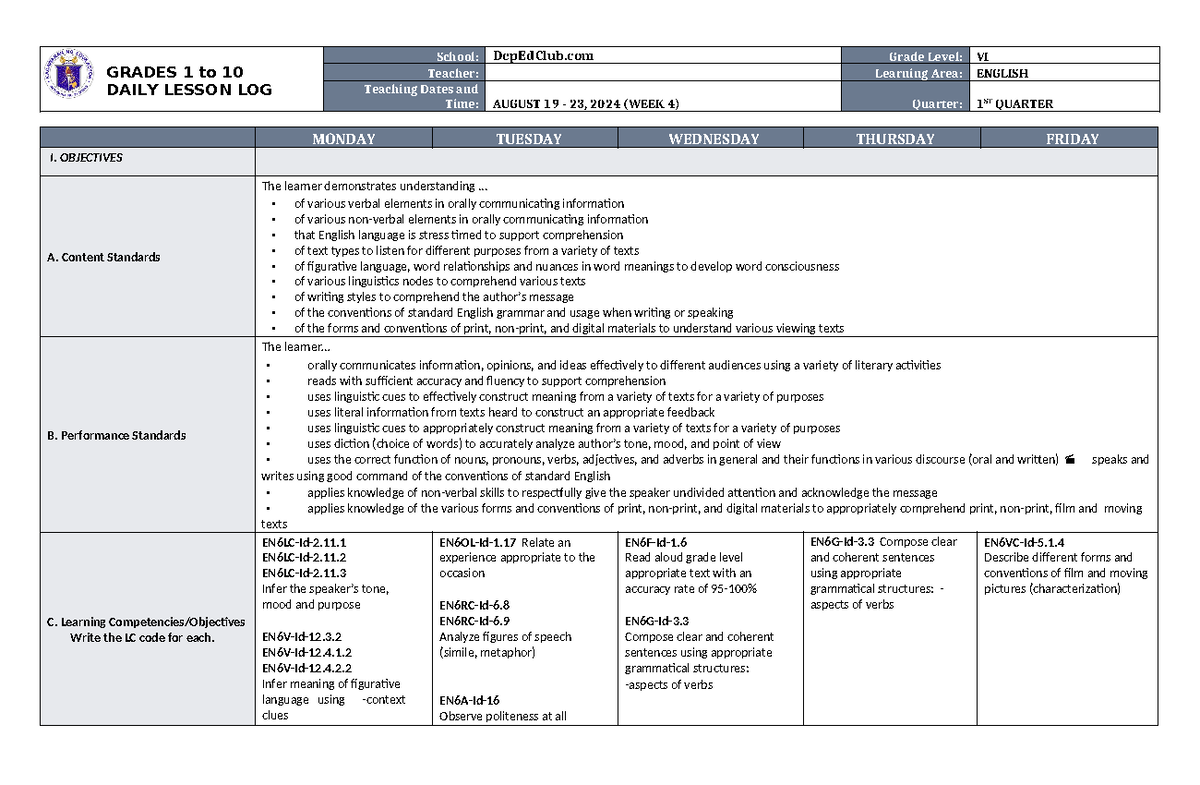 DLL English 6 Q1 W4 - DLL po sya. - GRADES 1 to 10 DAILY LESSON LOG School: DepEdClub Grade ...
