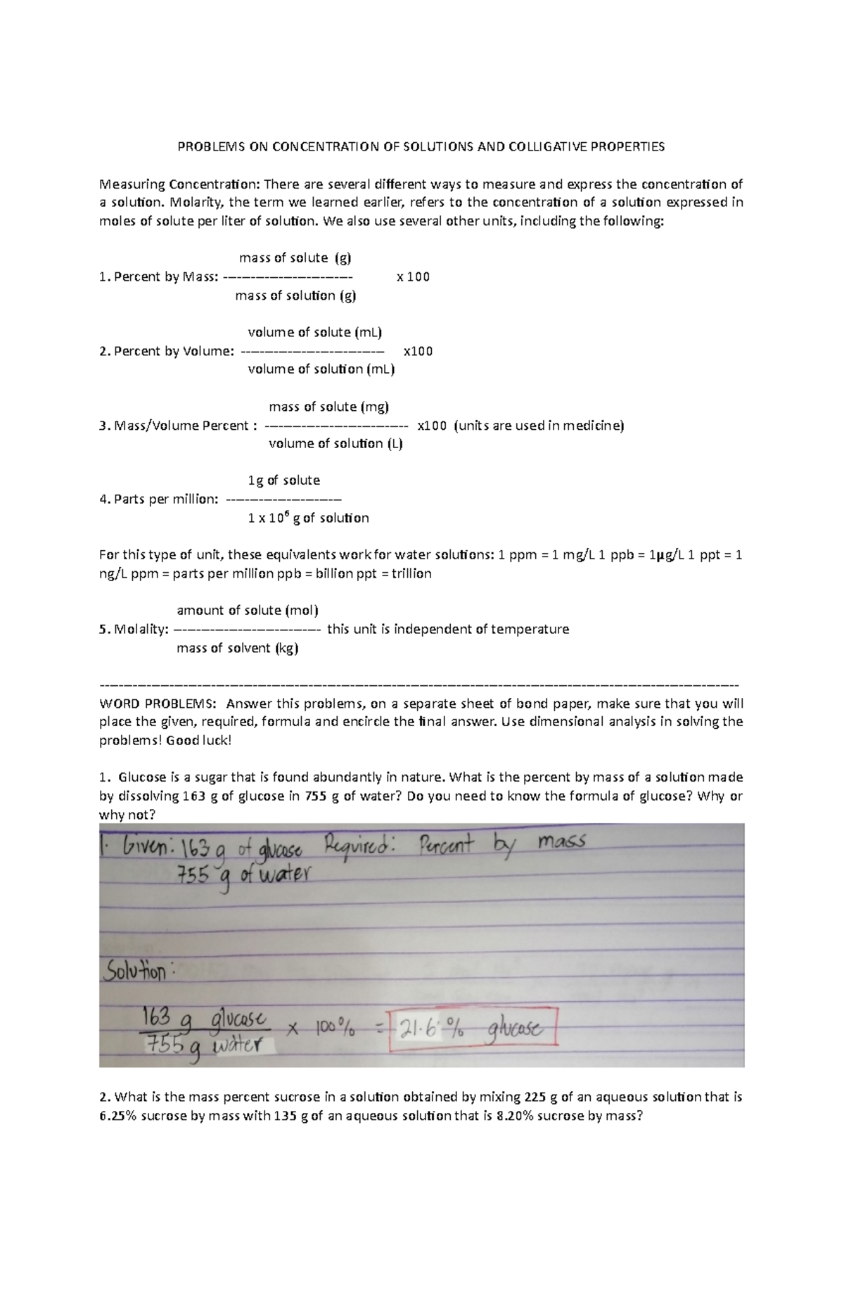 Colligative and Concentration of Solutions Worksheet - PROBLEMS ON ...