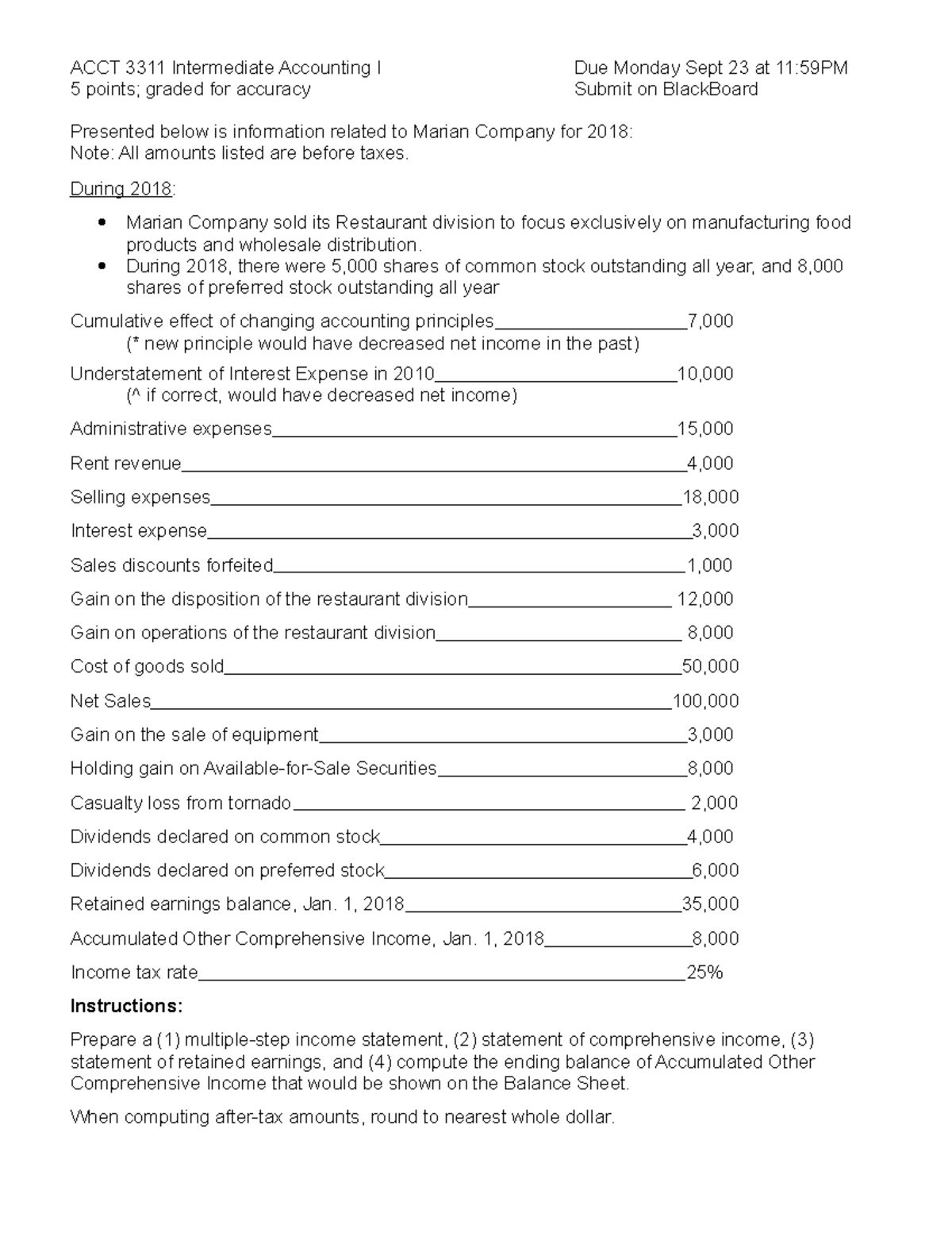Income Statement for Grade Marian - ACCT 3311 Intermediate Accounting I ...