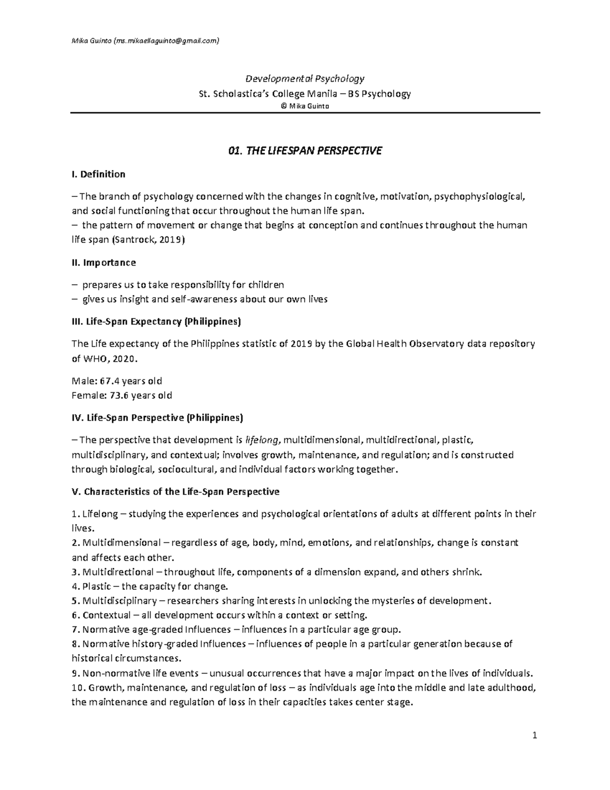 (DEV PSYCH) Lifespan, Nature of Development - Mika Guinto (ms@gmail) 1 Developmental Psychology ...