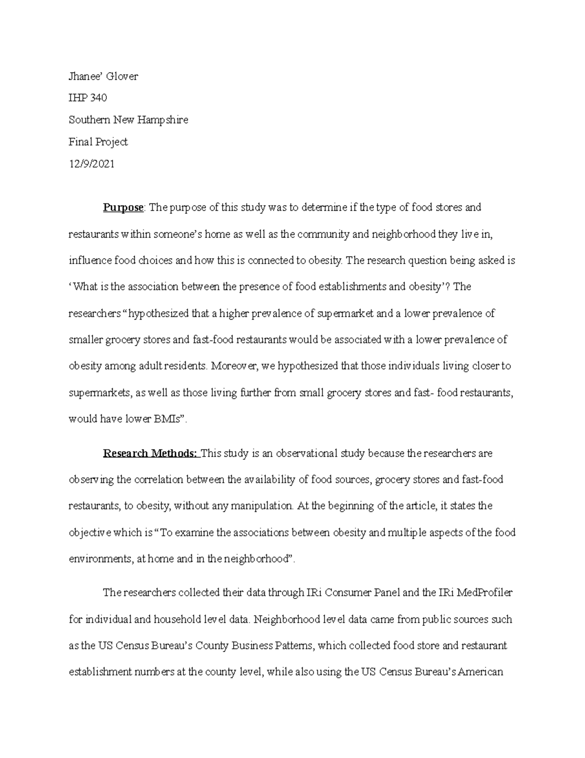 Final project IHP 340 - Jhanee’ Glover IHP 340 Southern New Hampshire ... Final project IHP 340 - Jhanee’ Glover IHP 340 Southern New Hampshire ...