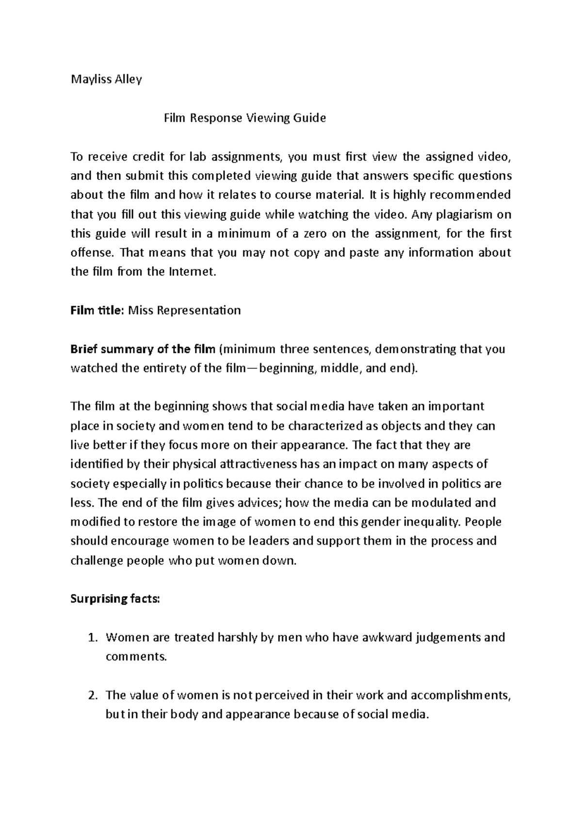 Miss representation - Film viewing - Mayliss Alley Film Response ...