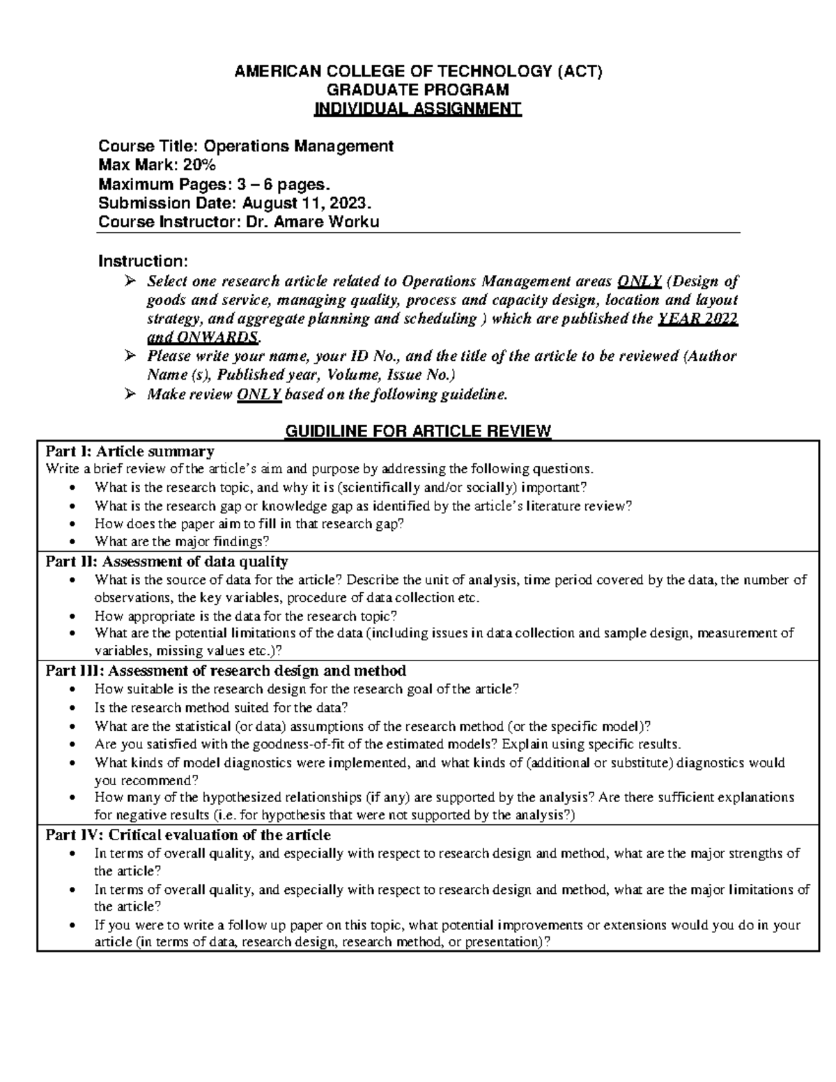 OM-Individual-Assignment - AMERICAN COLLEGE OF TECHNOLOGY (ACT ...