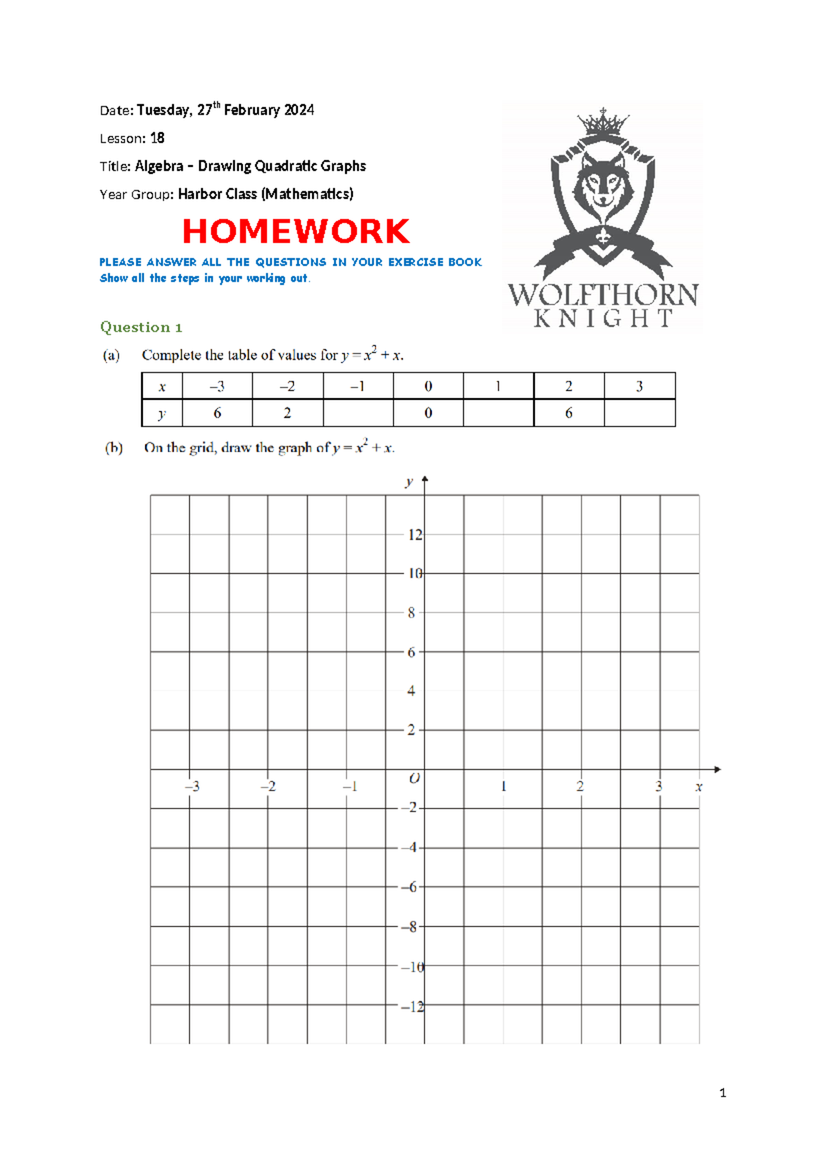 rs Algebra Drawing Quadratic Graphs - MBBS - Date: Tuesday, 27th ...