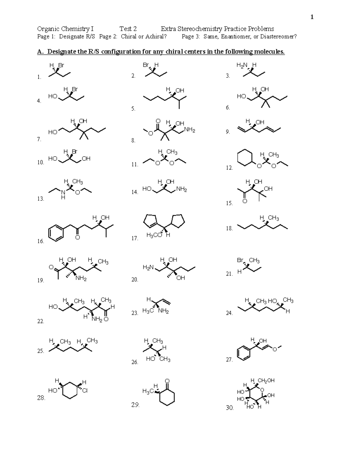 CHEM 261 Stereochemistry Practice Problems - 1 Organic Chemistry I Test ...