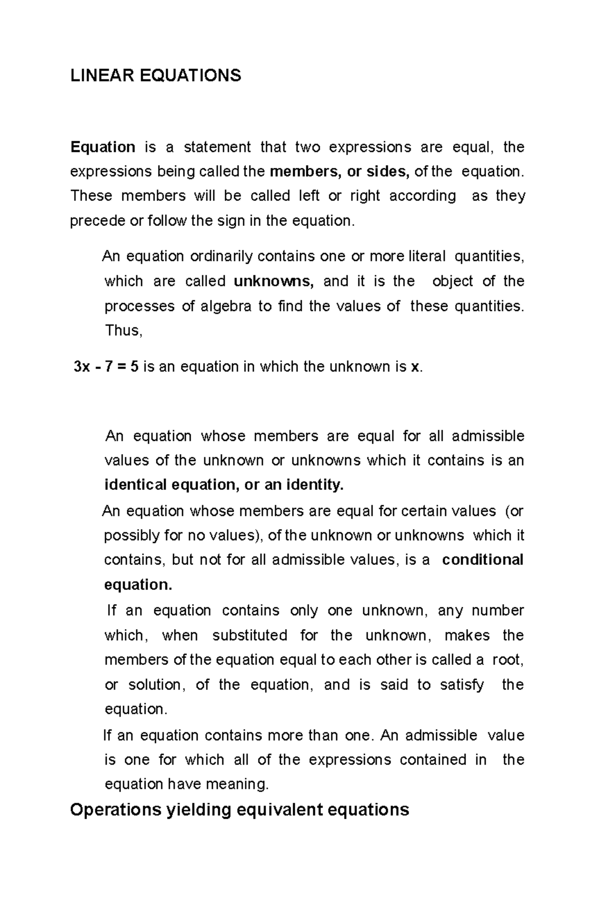 Linear Equations - LINEAR EQUATIONS Equation is a statement that two ...