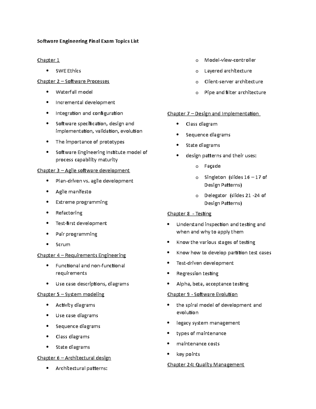 Final exam topics - exam - Software Engineering Final Exam Topics List ...